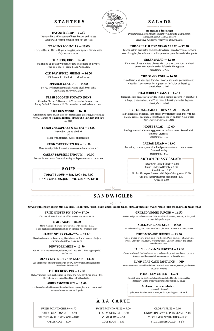 Lunch, Dinner & Dessert Menus — Olney Grille