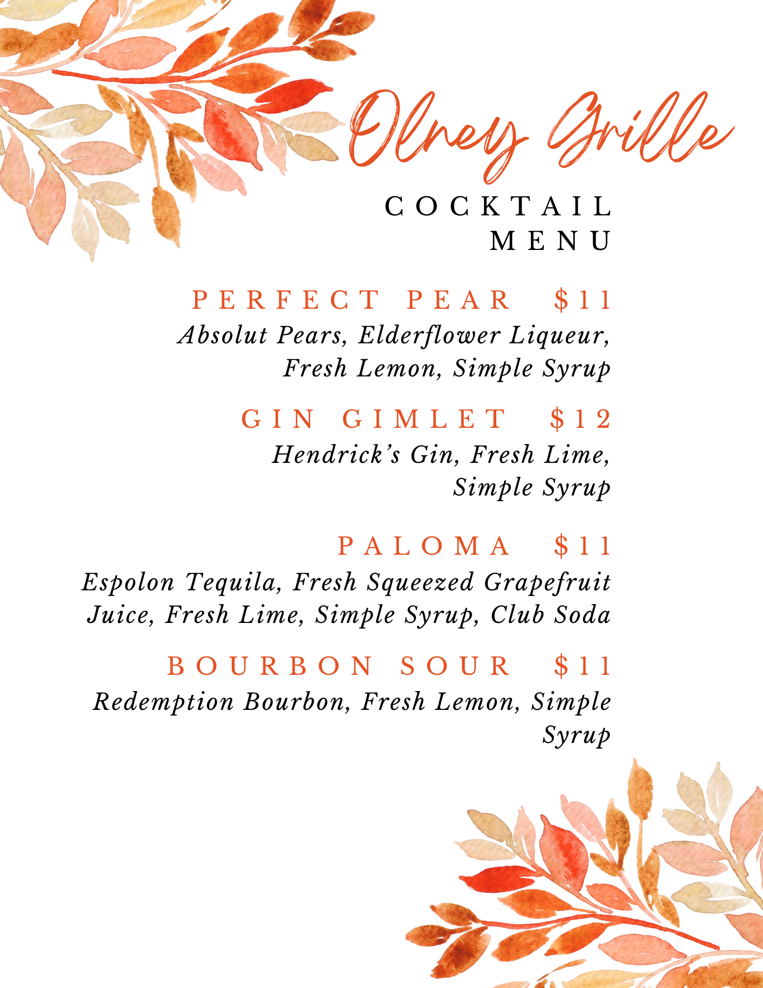 Bar Menu & Happy Hour Specials — Olney Grille