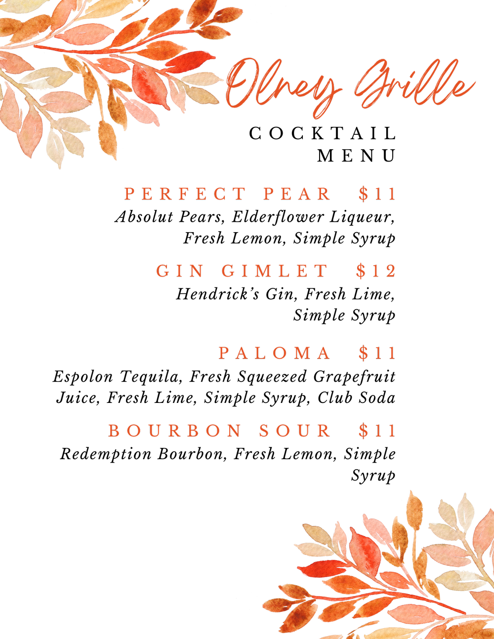 Bar Menu & Happy Hour Specials — Olney Grille
