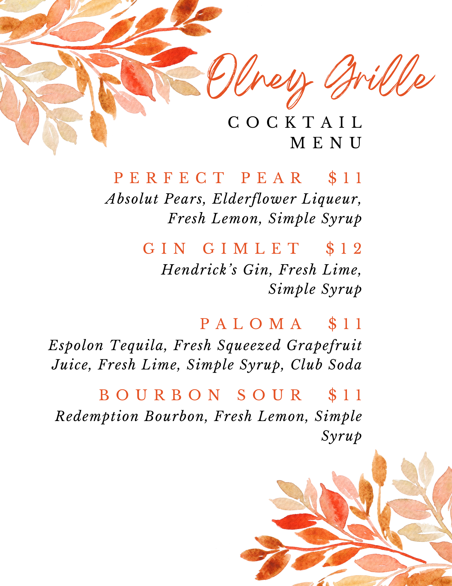 Bar Menu & Happy Hour Specials — Olney Grille
