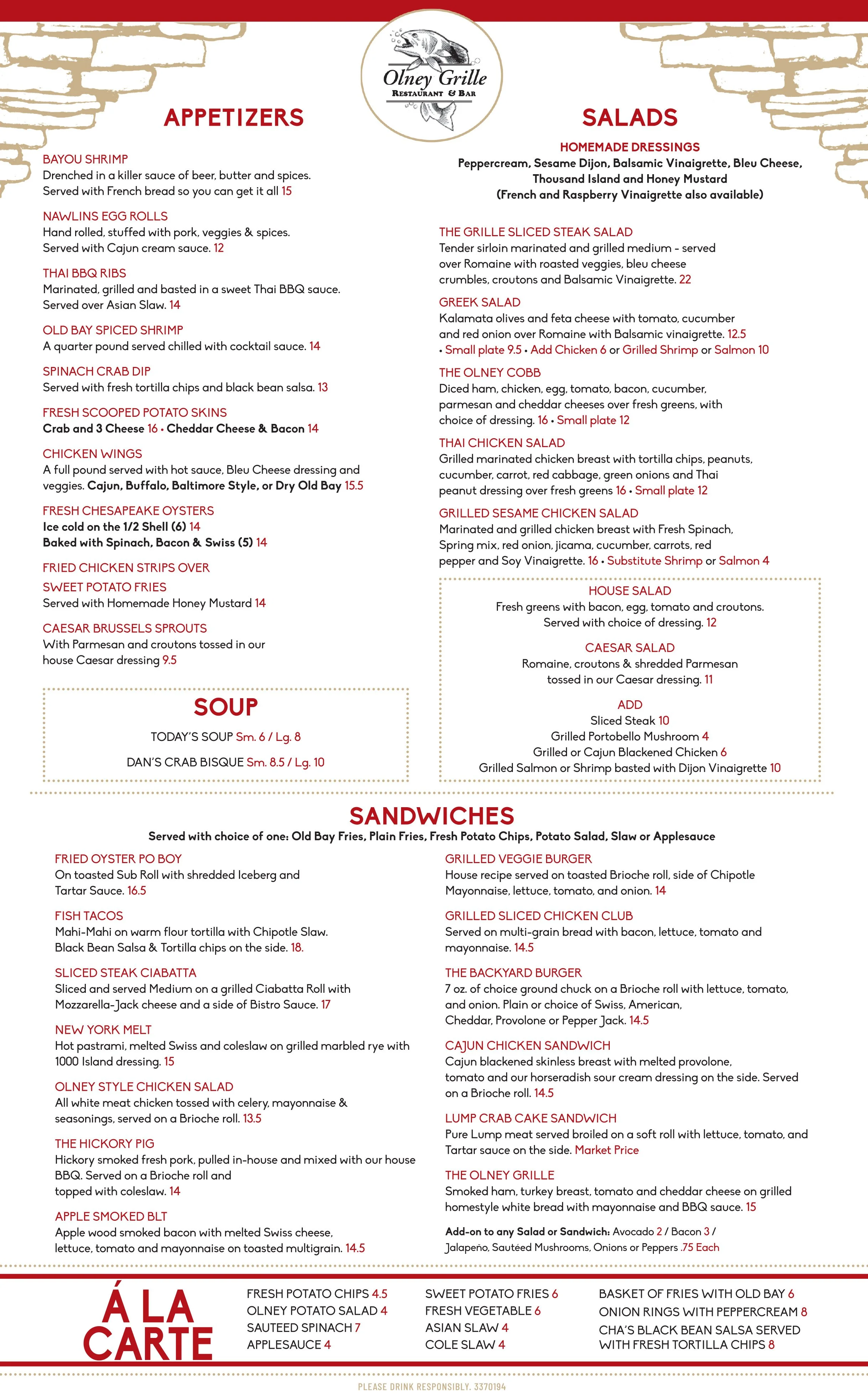 Lunch, Dinner & Dessert Menus — Olney Grille