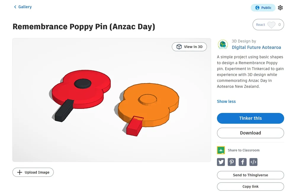 Remembrance Poppy Pin (Tinkercad) — Digital Future Aotearoa