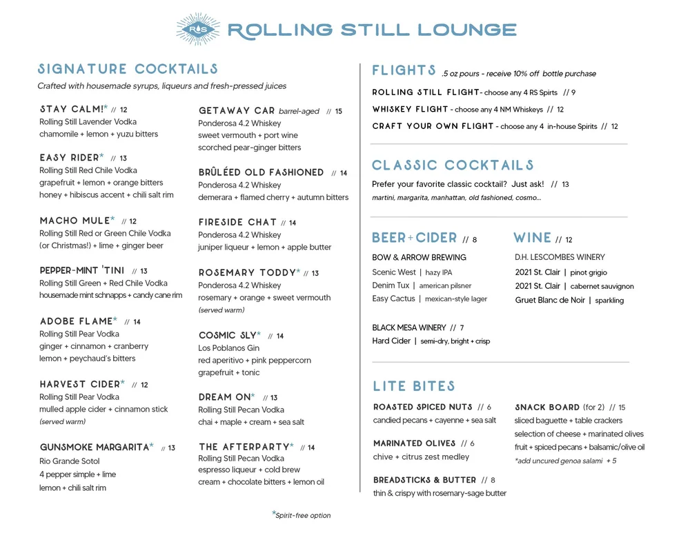 LOUNGE MENU — Rolling Still Vodka