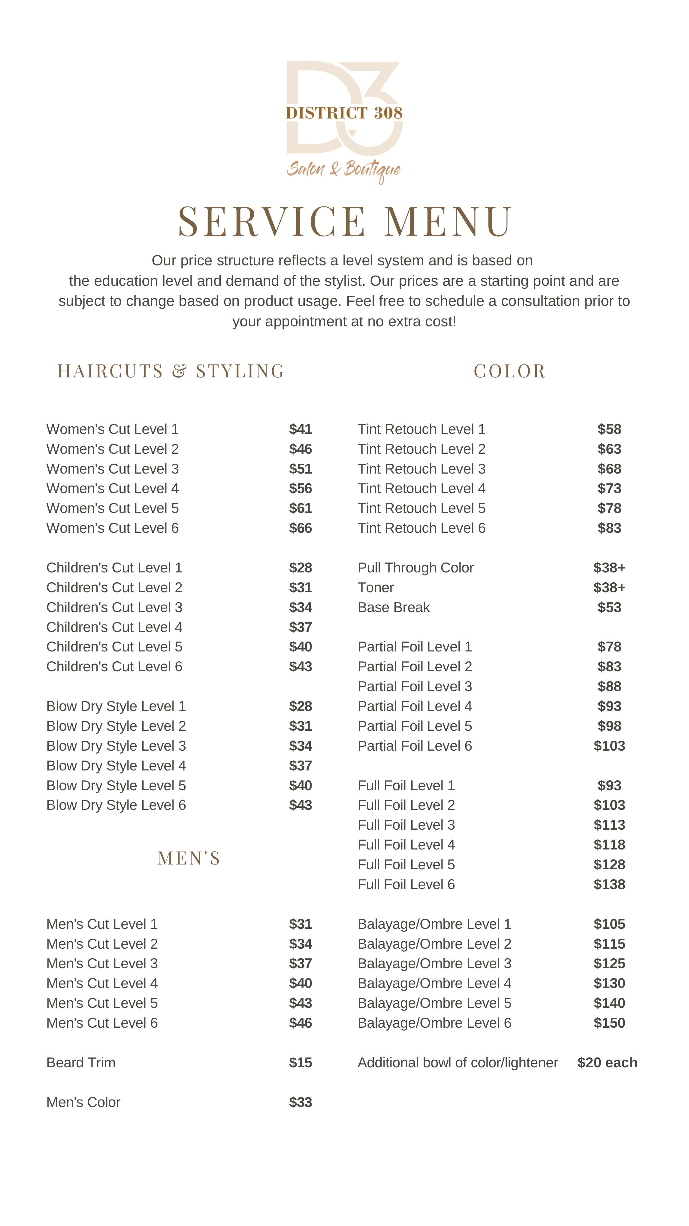Service Menu — District 308 Salon & Boutique