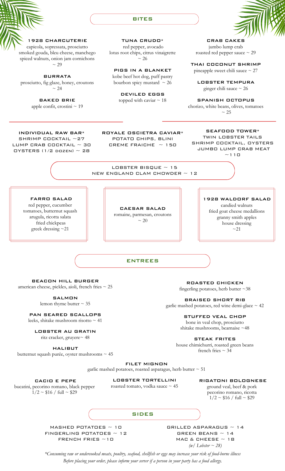 Lunch, Brunch & Dinner Menus — 1928 Beacon Hill