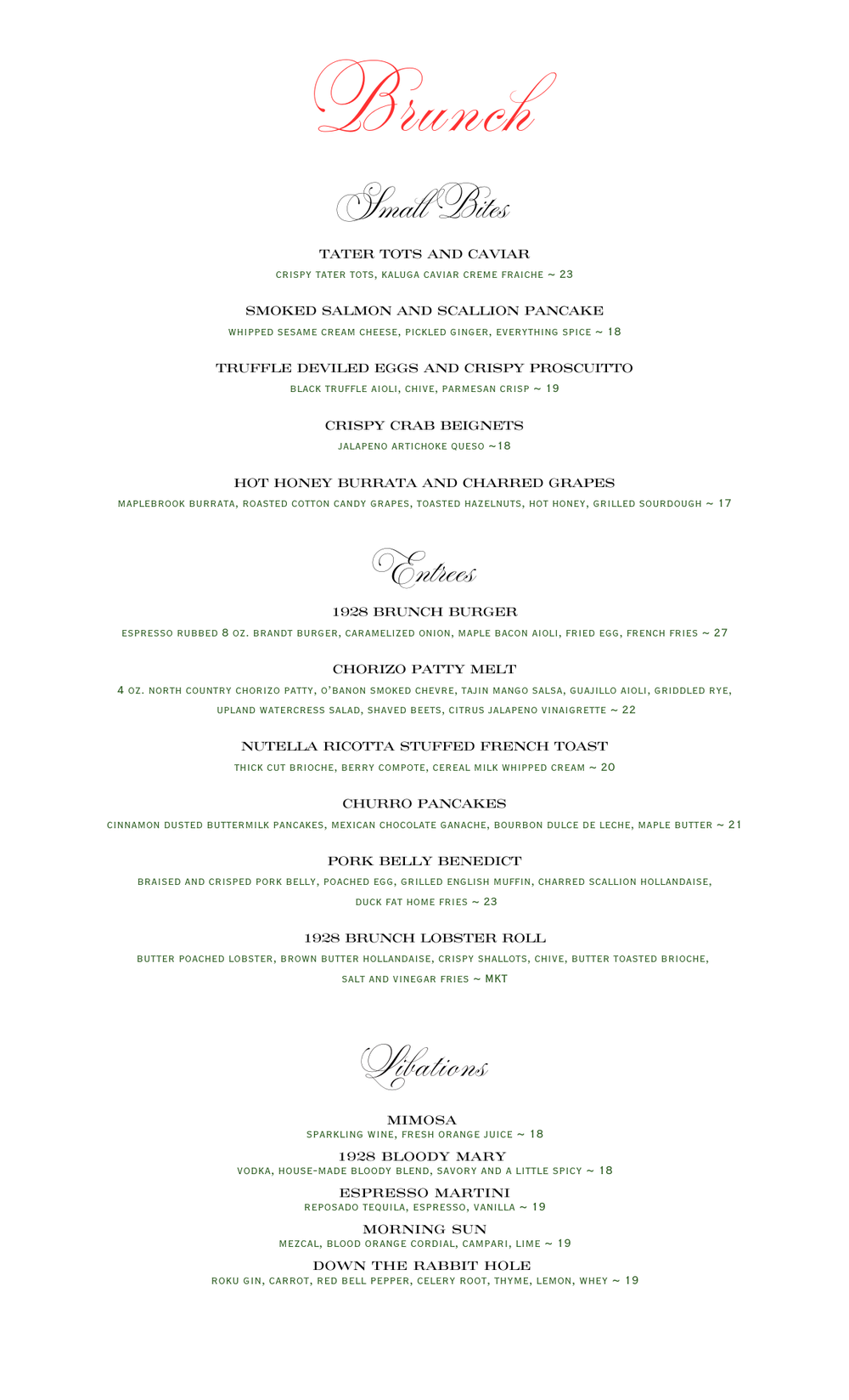 Brunch & Dinner Menus — 1928 Beacon Hill