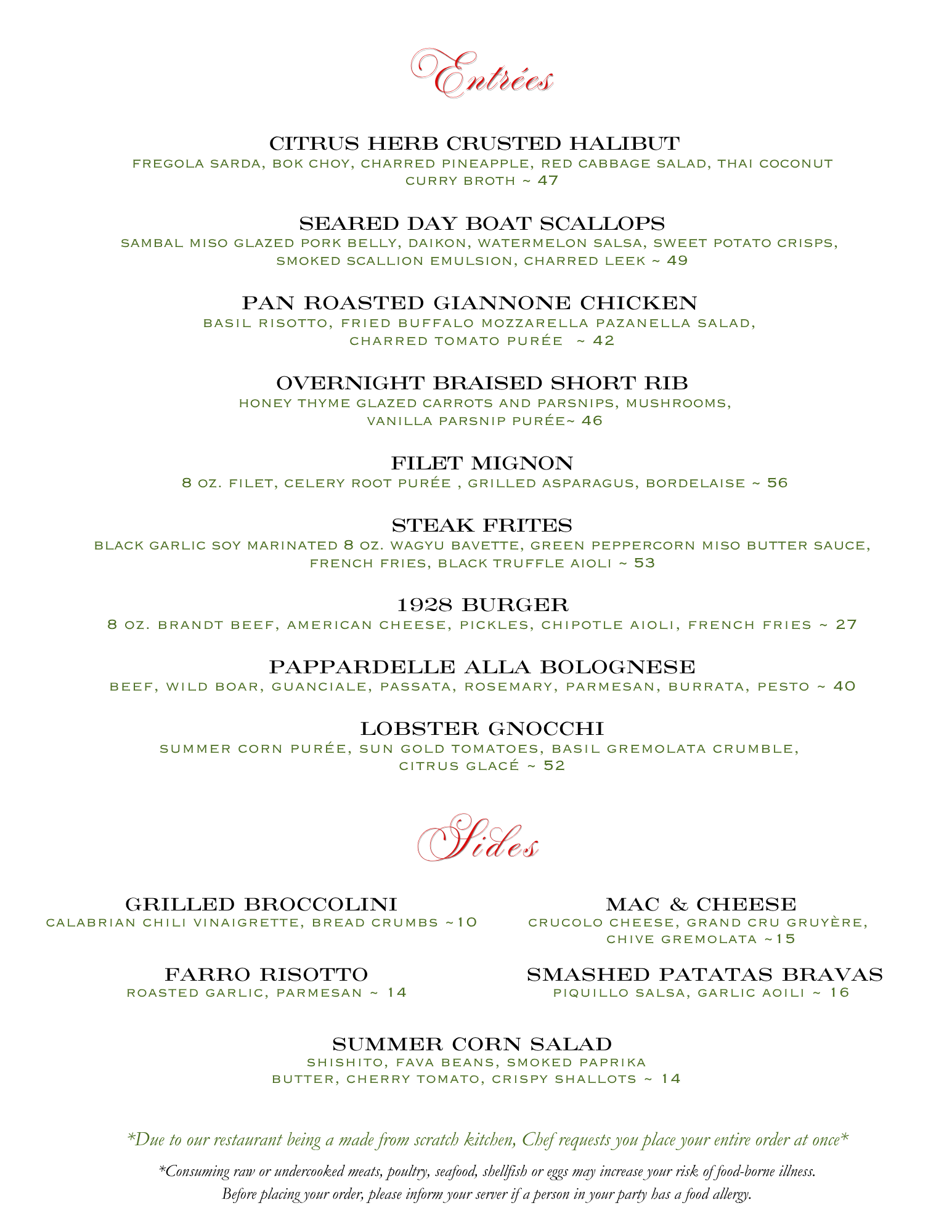 Brunch & Dinner Menus — 1928 Beacon Hill