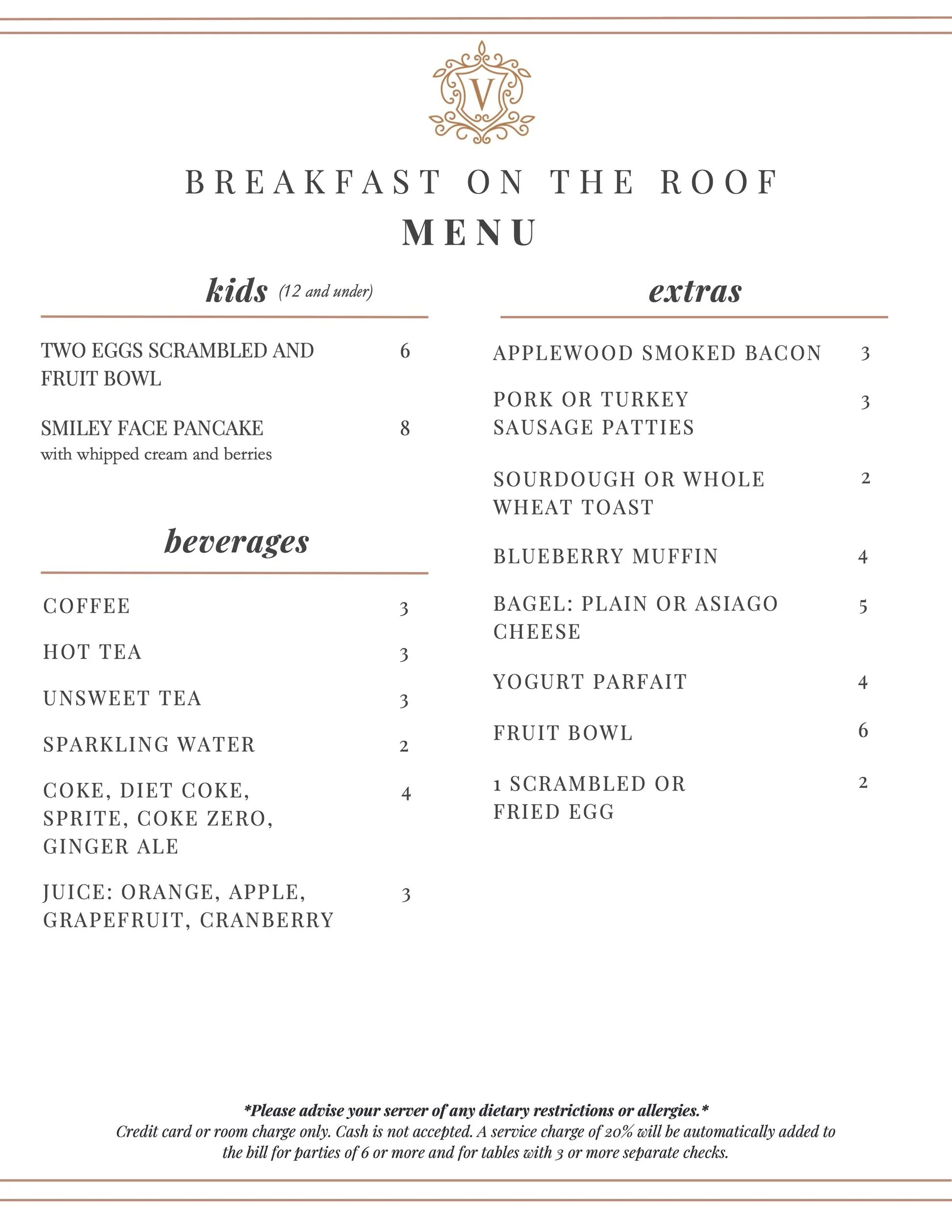 Breakfast on the Roof Menu — The Virginian Hotel: Downtown Lynchburg Hotel