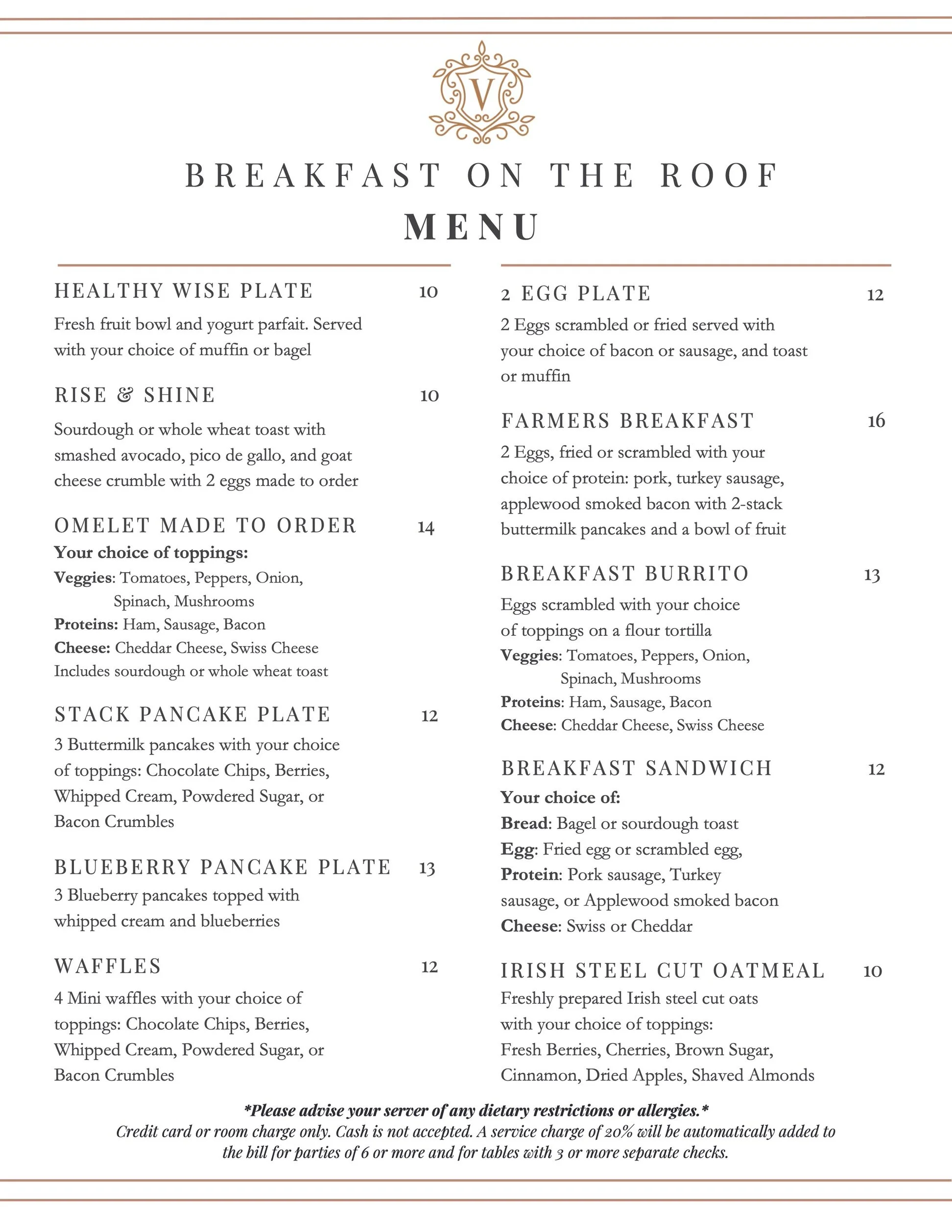 Breakfast on the Roof Menu — The Virginian Hotel: Downtown Lynchburg Hotel