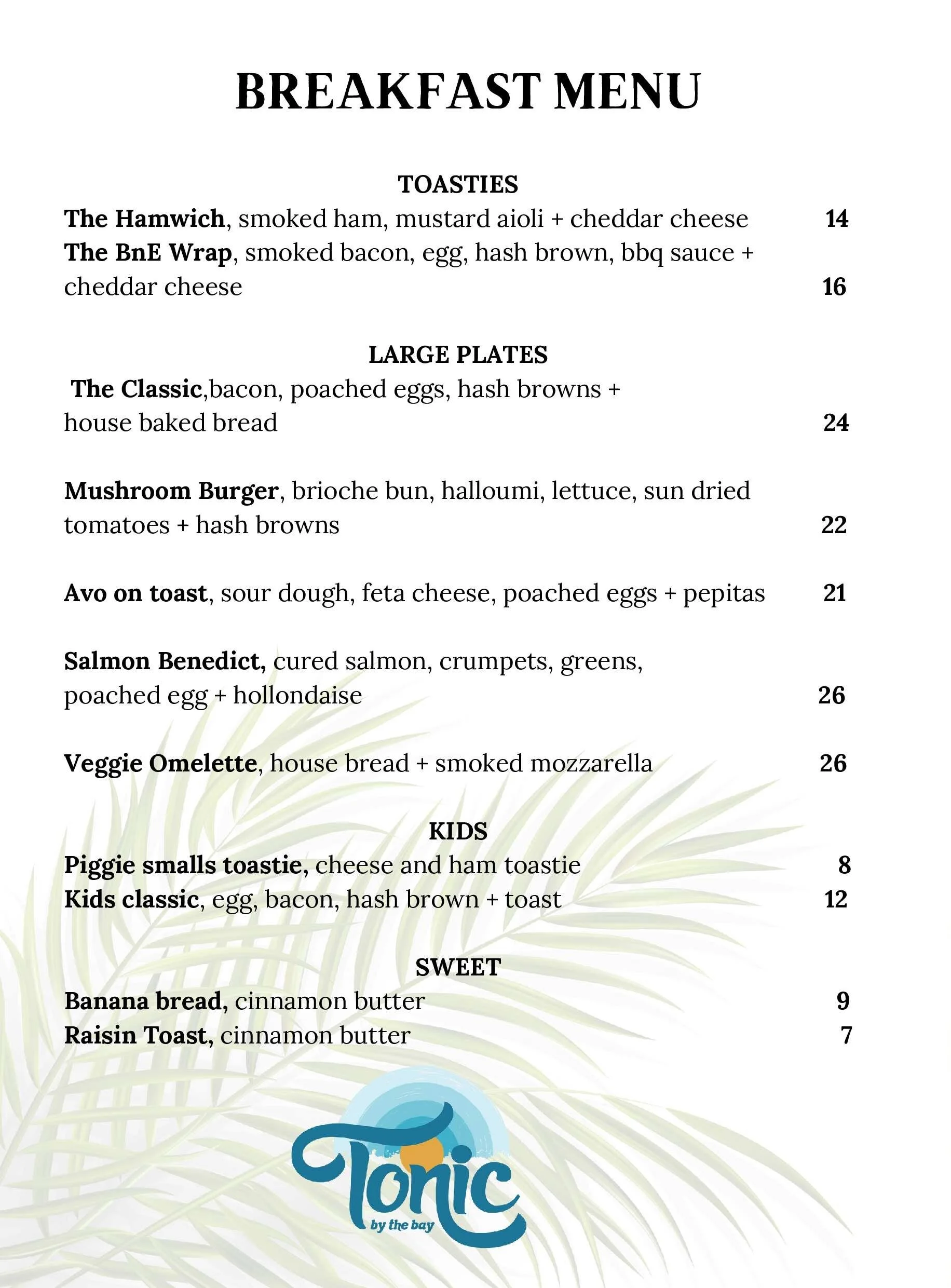 Menu — Tonic By The Bay