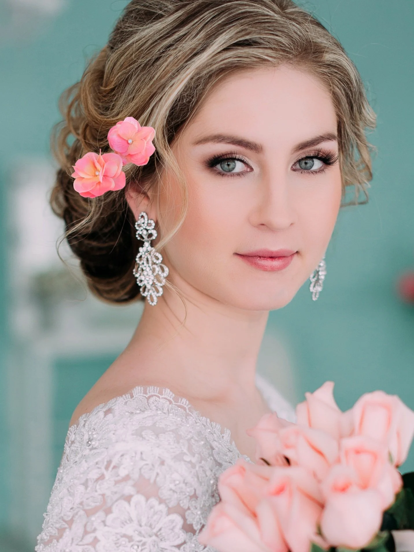 Wedding Headpiece with Real Touch Peach Cream Rose and Crystal Sprays ...