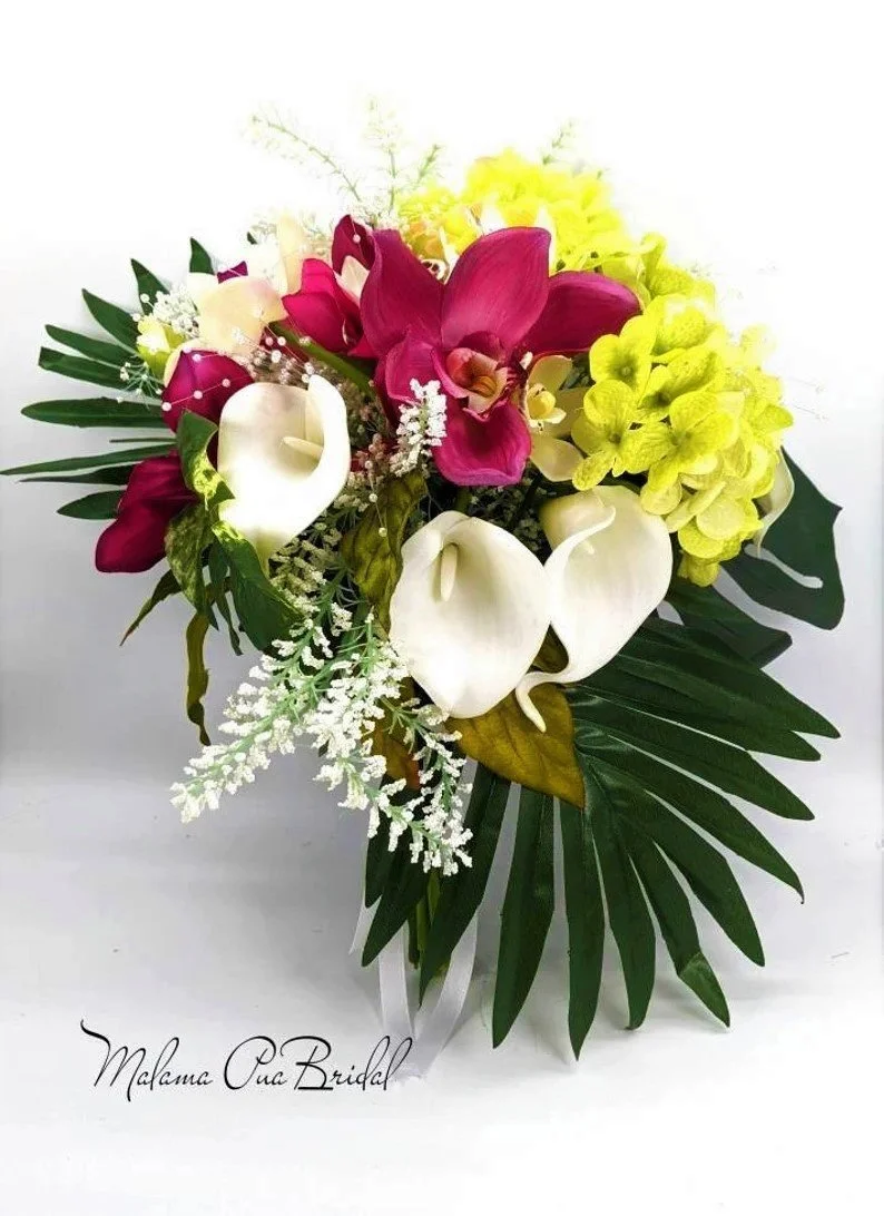 Tropical Hawaiian Wedding Bouquet with Silk Orchids and Calla Lilies ...