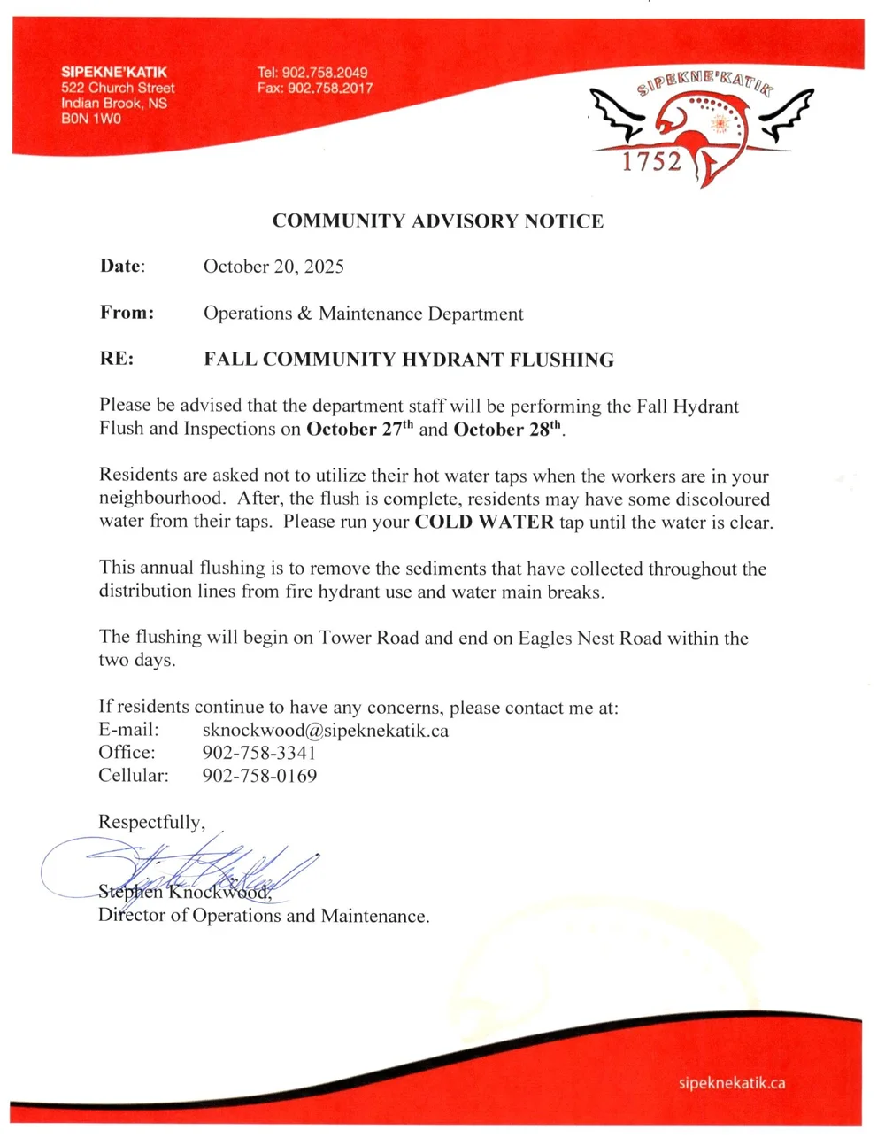 Community Advisory Notice: FALL HYDRANT FLUSHING — Sipekne'katik