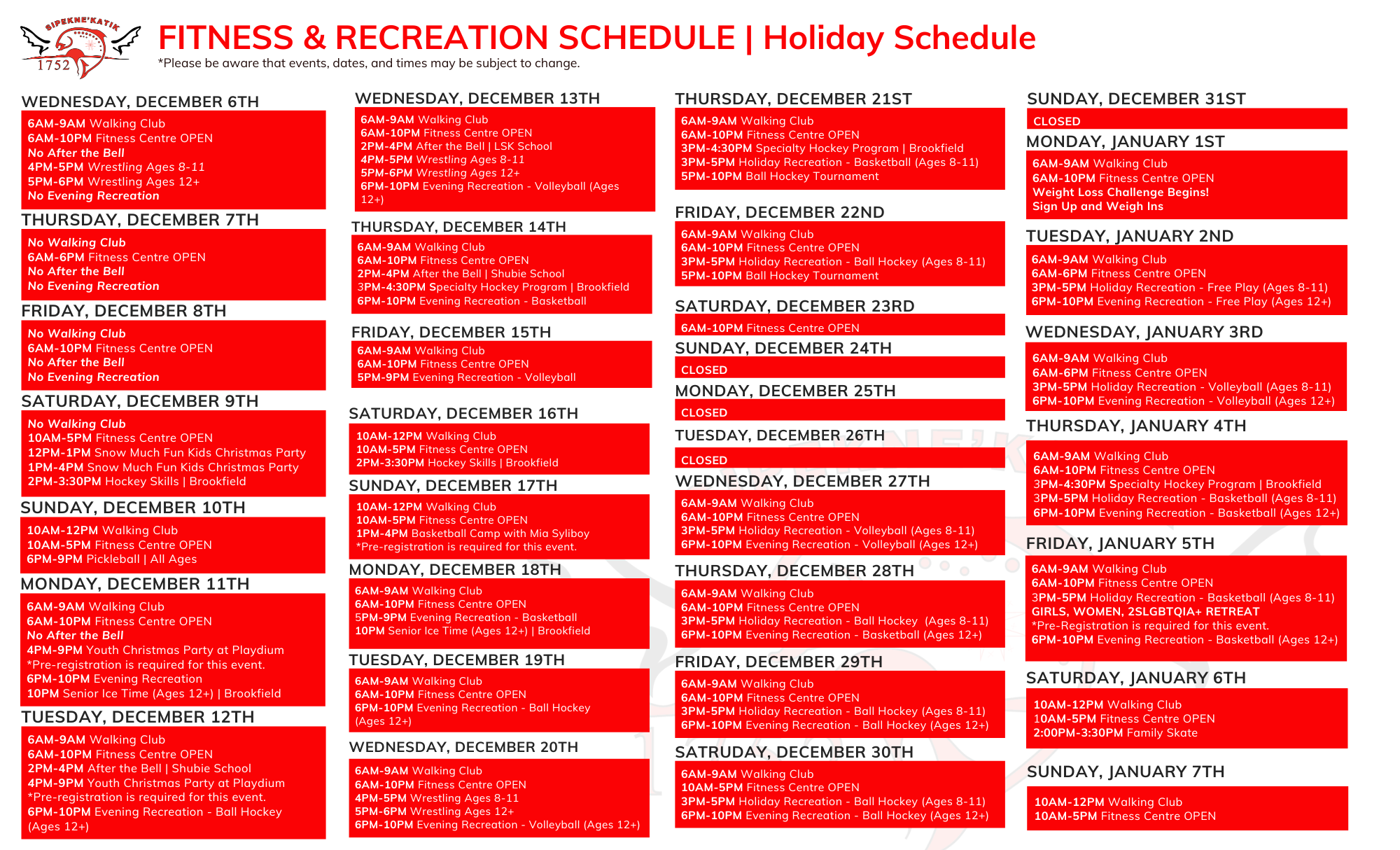 Sipekne’katik Fitness & Recreation | Holiday Schedule — Sipekne'katik