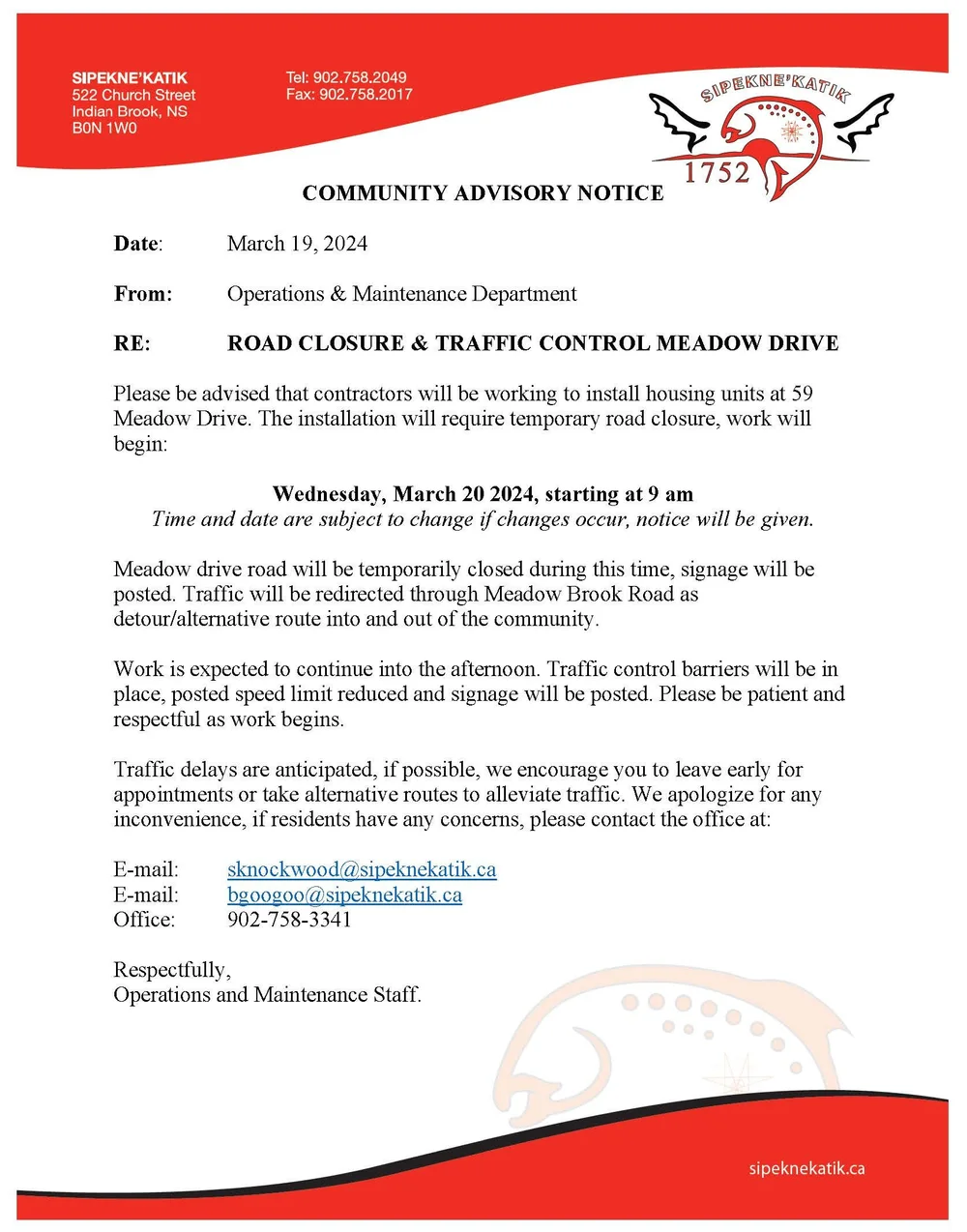 Community Advisory Notice - Road Closure and Traffic Control on Meadow ...