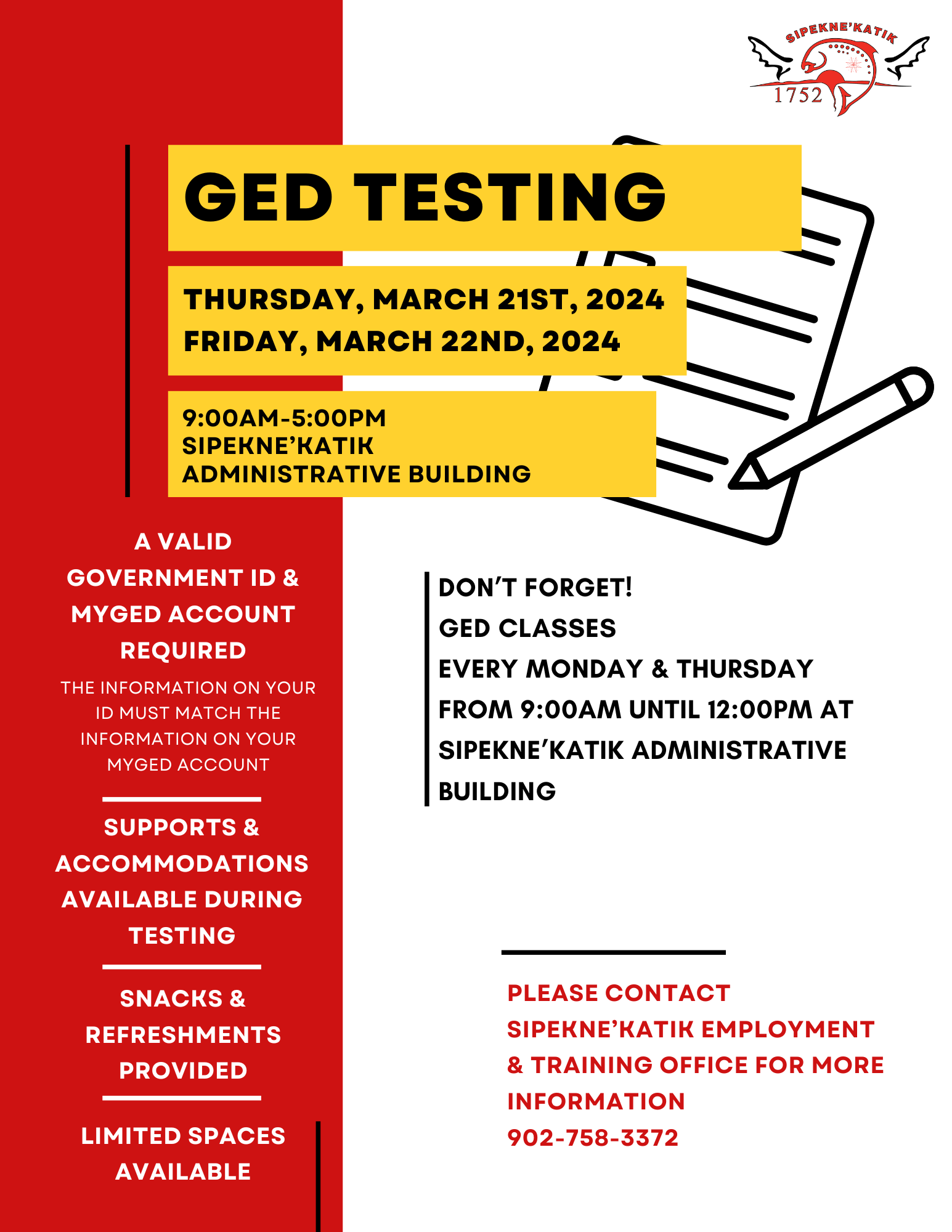 GED Testing - March 21st & 22nd, 2024 — Sipekne'katik