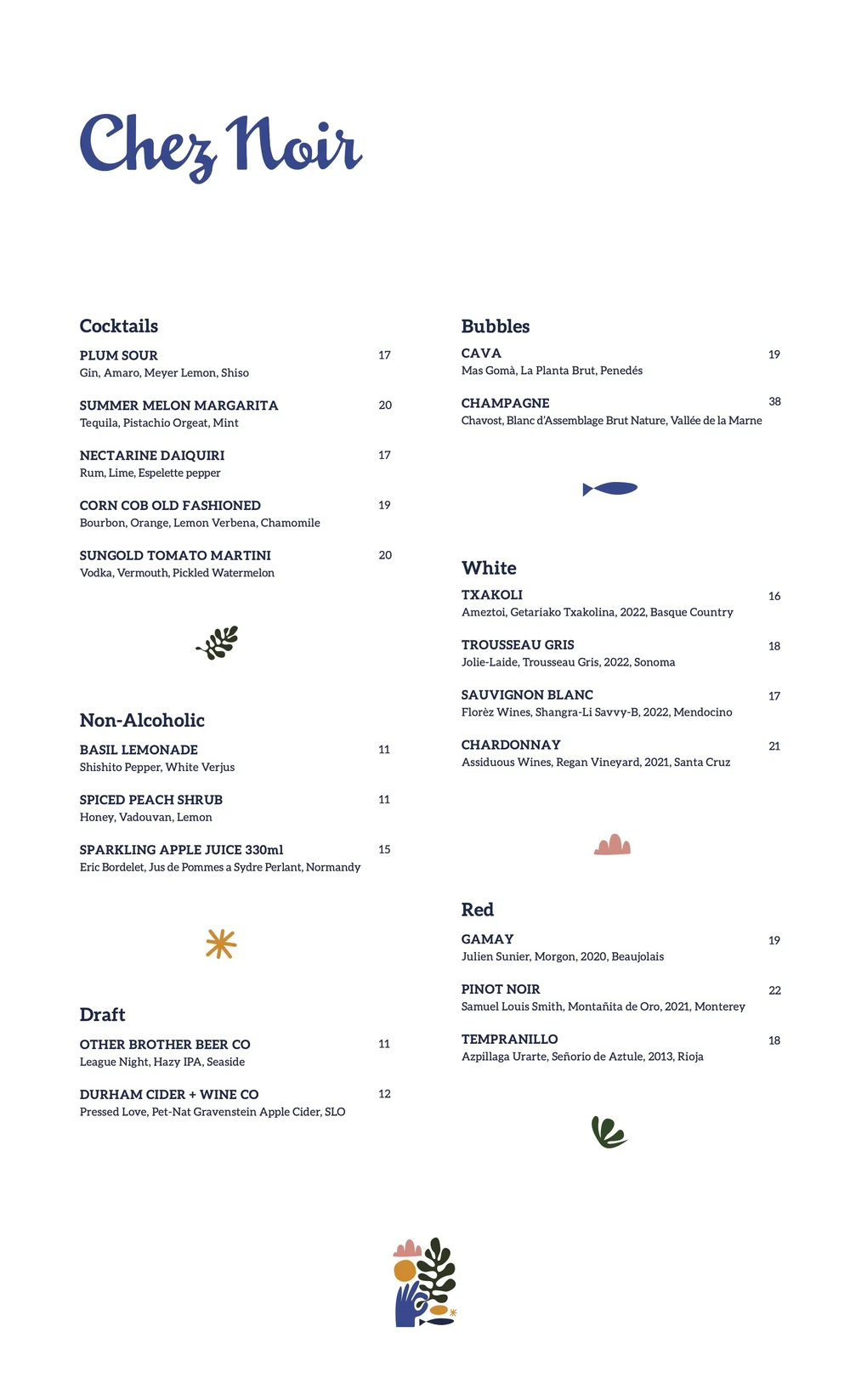 Menu — Chez Noir | Carmel-by-the-Sea, CA