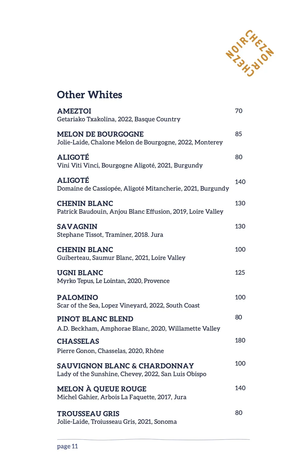 Menu — Chez Noir | Carmel-by-the-Sea, CA