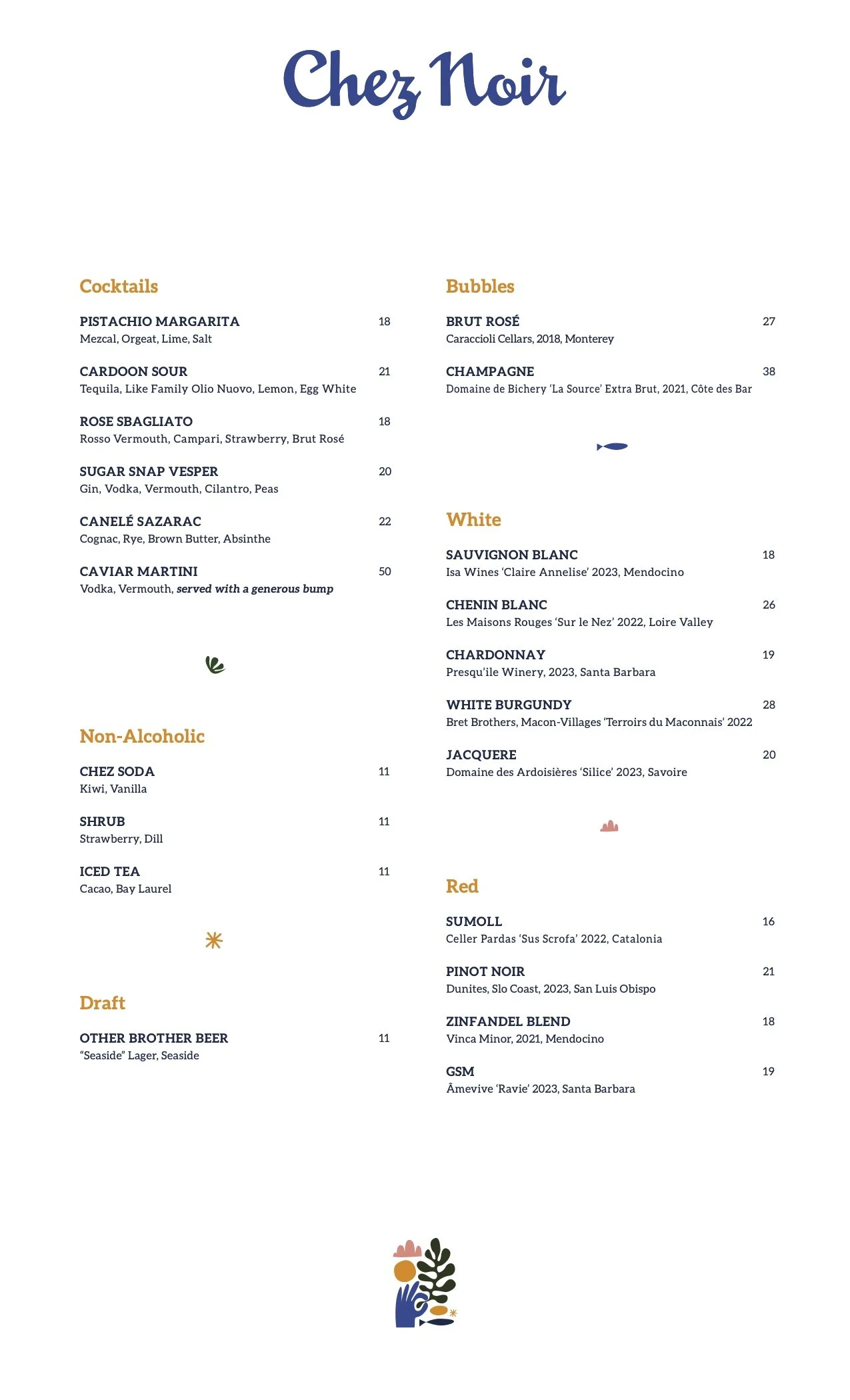 Menu — Chez Noir | Carmel-by-the-Sea, CA