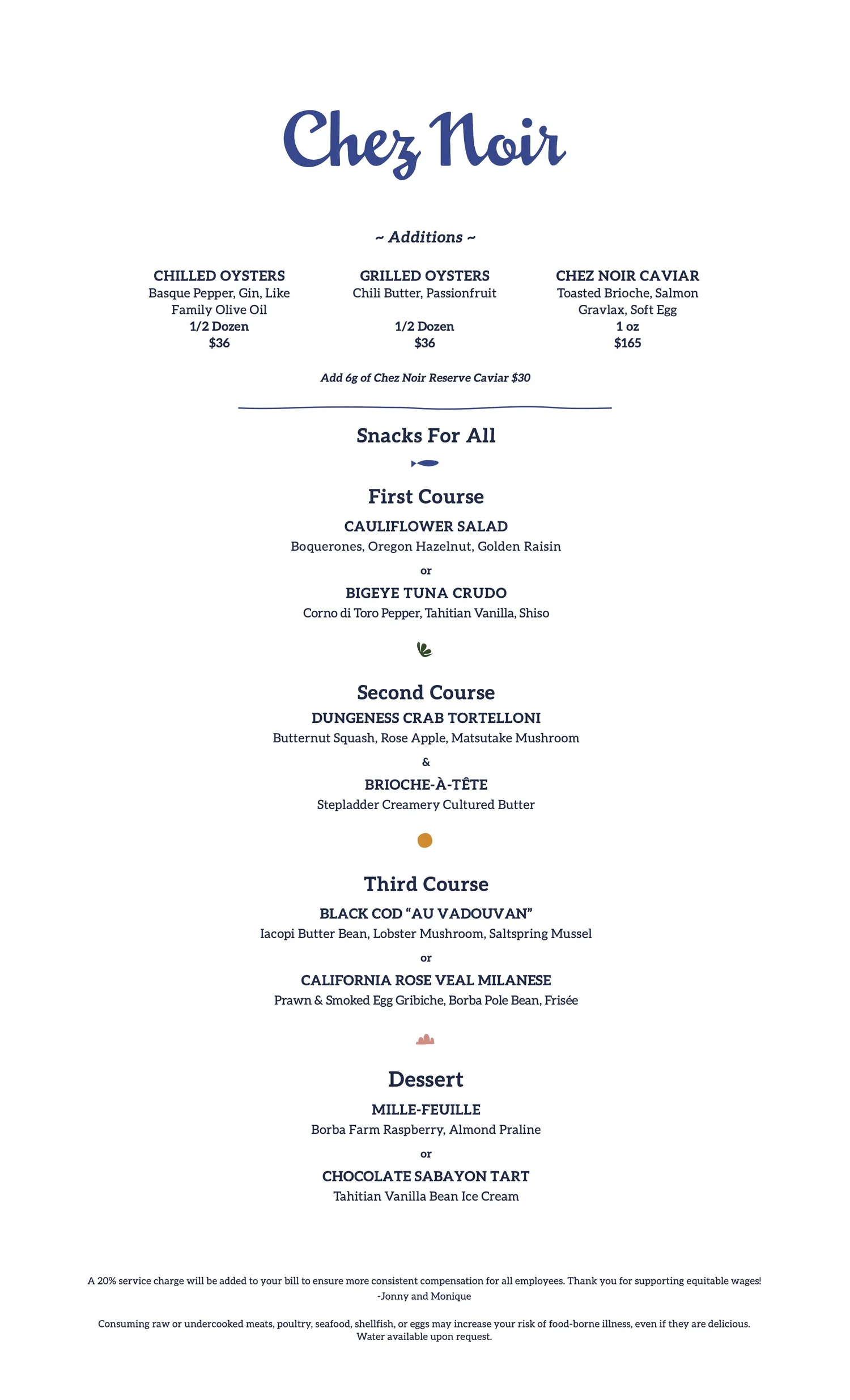 Menu — Chez Noir | Carmel-by-the-Sea, CA