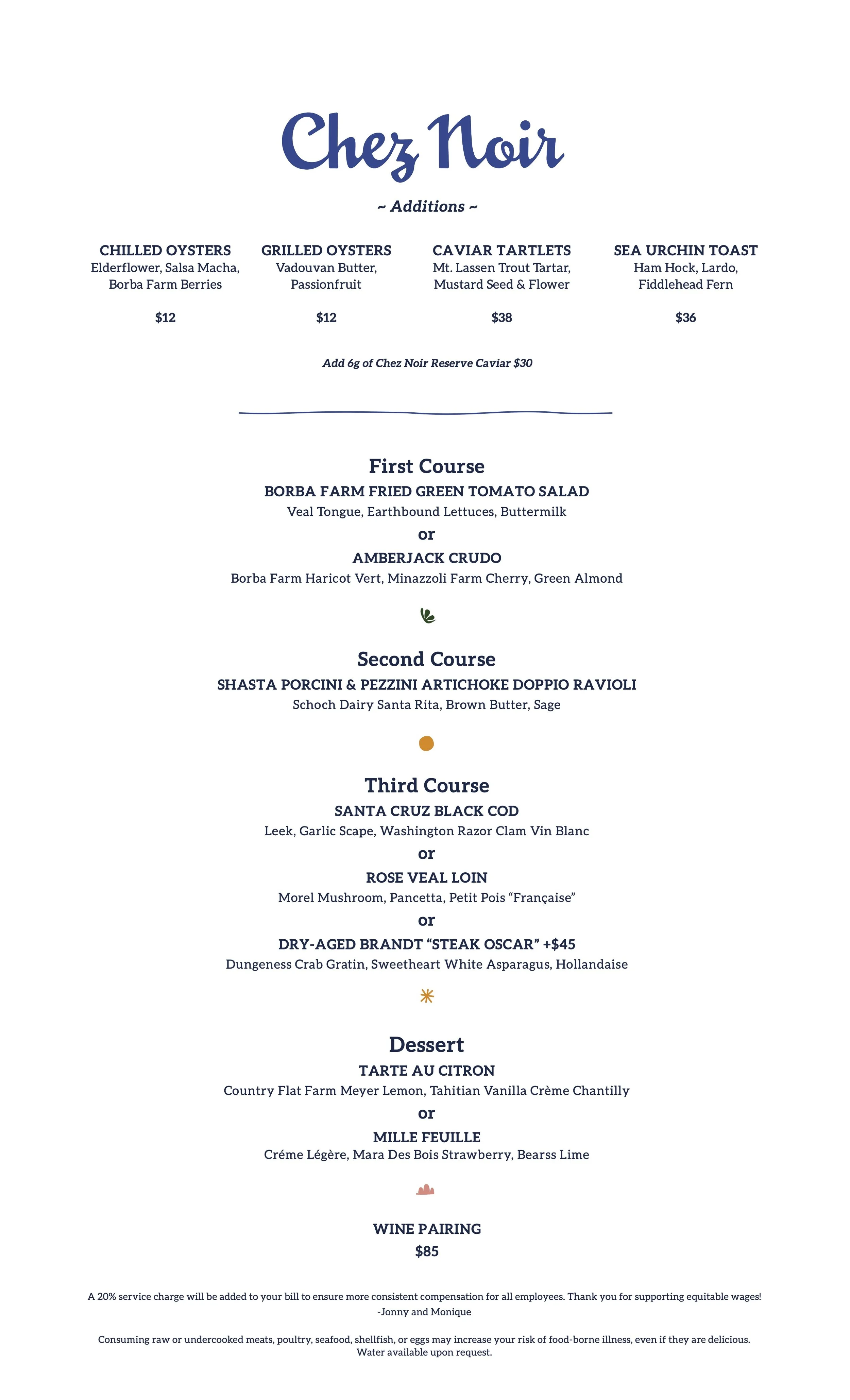 Menu — Chez Noir | Carmel-by-the-Sea, CA