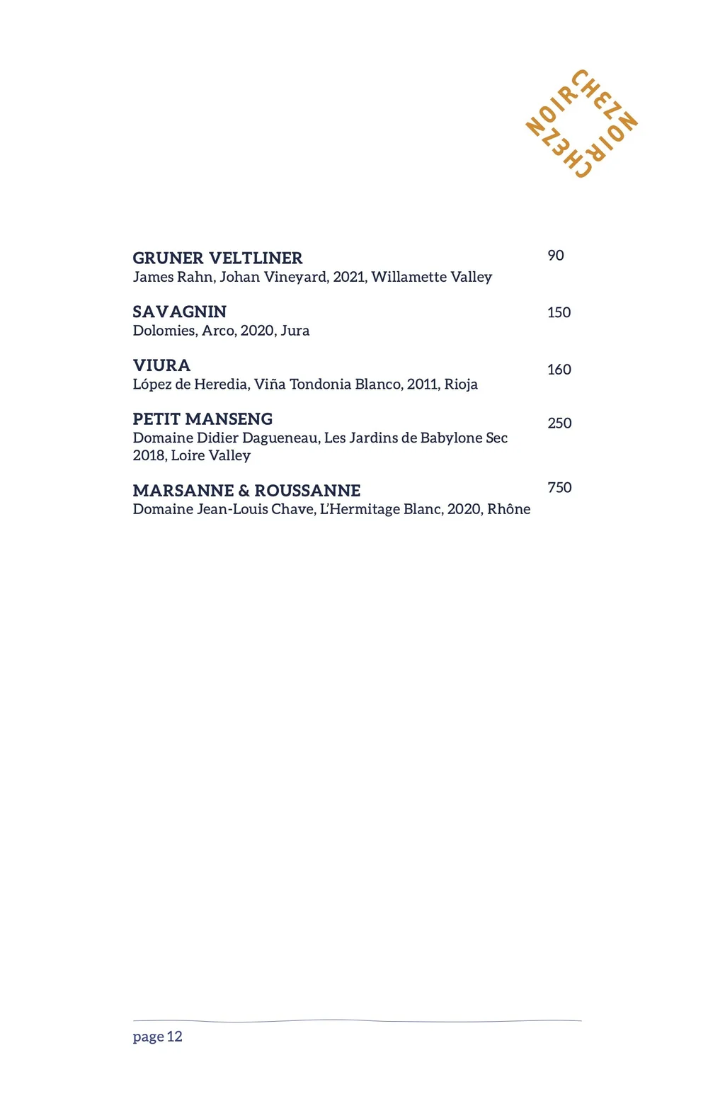 Menu — Chez Noir | Carmel-by-the-Sea, CA