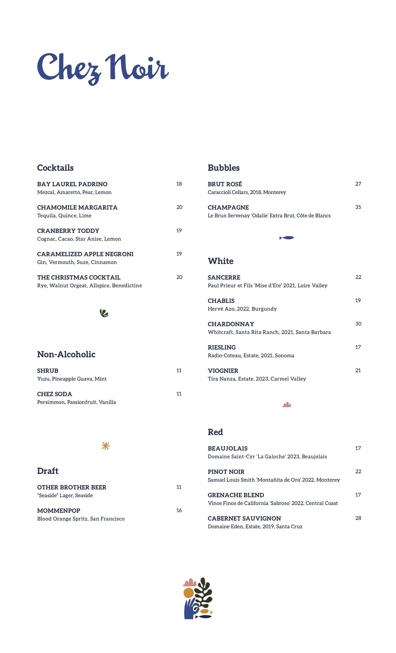 Menu — Chez Noir | Carmel-by-the-Sea, CA