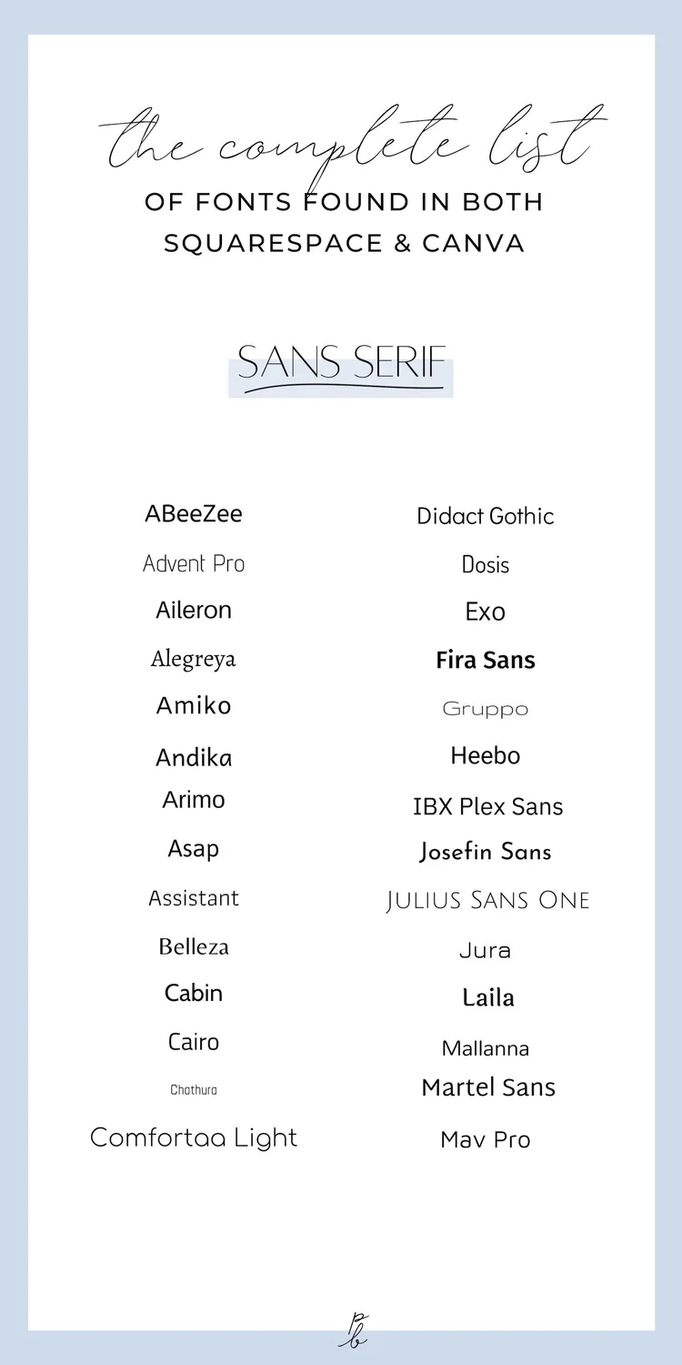 Complete list: All fonts that are in both Squarespace & Canva — Paige ...