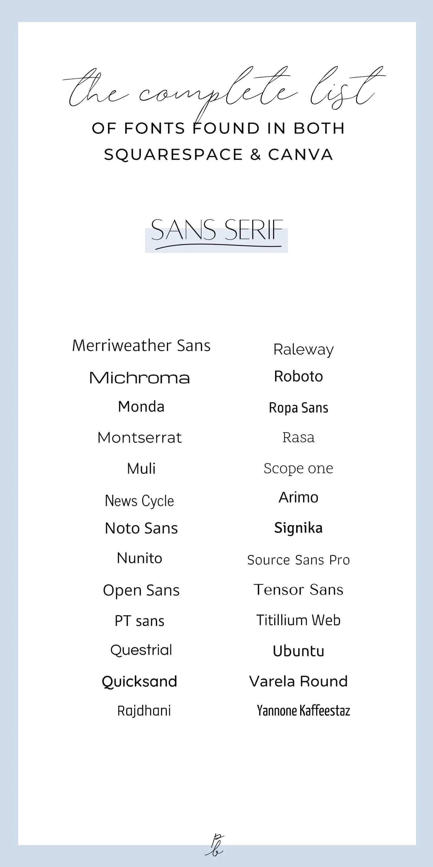 Complete list: All fonts that are in both Squarespace & Canva — Paige ...
