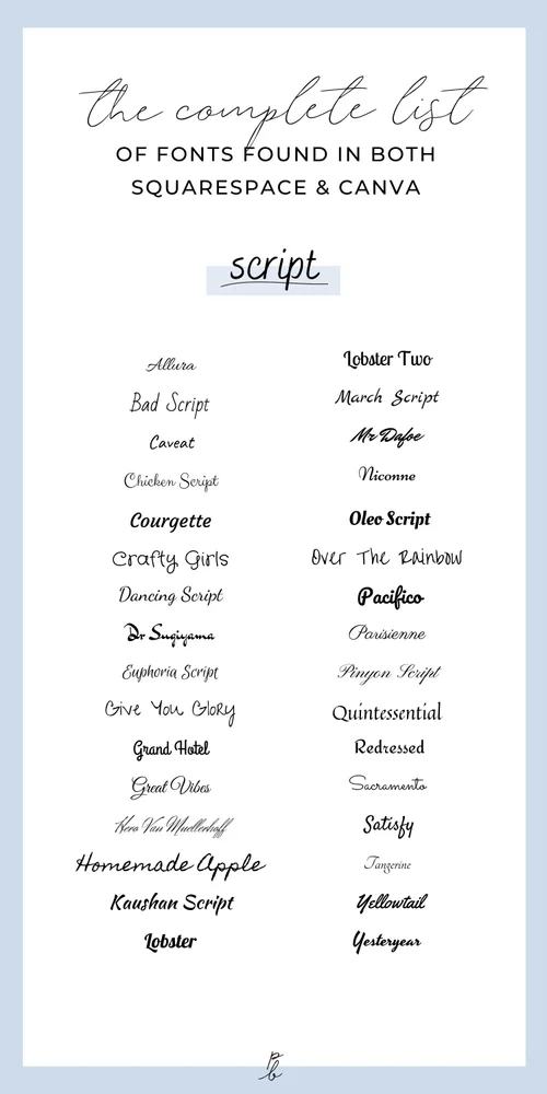Complete list: All fonts that are in both Squarespace & Canva — Paige ...