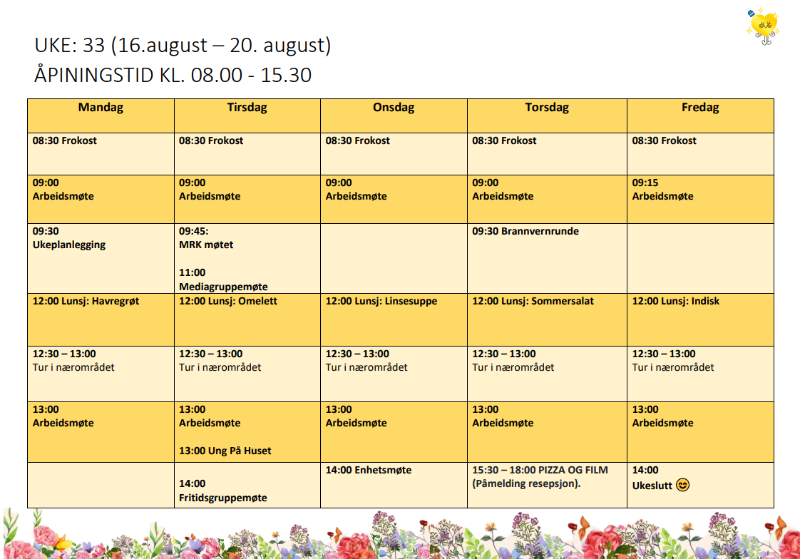 Ukeplan — FONTENEHUSET BÆRUM