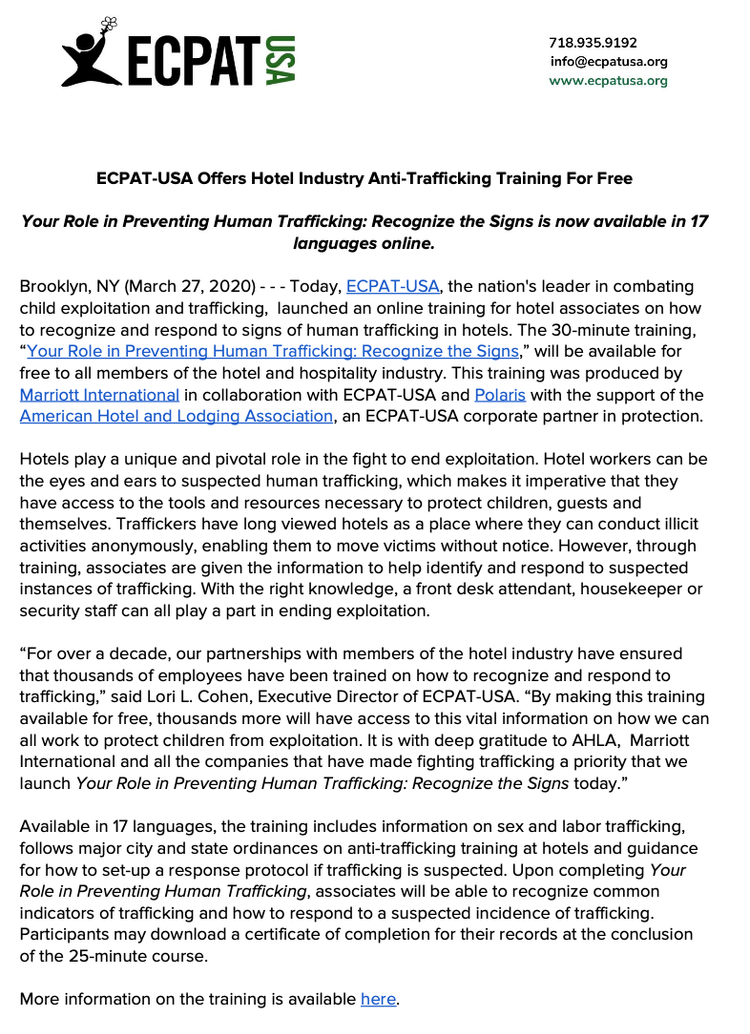 ECPAT-USA Offers Hotel Industry Anti-Trafficking Training For Free — PACT