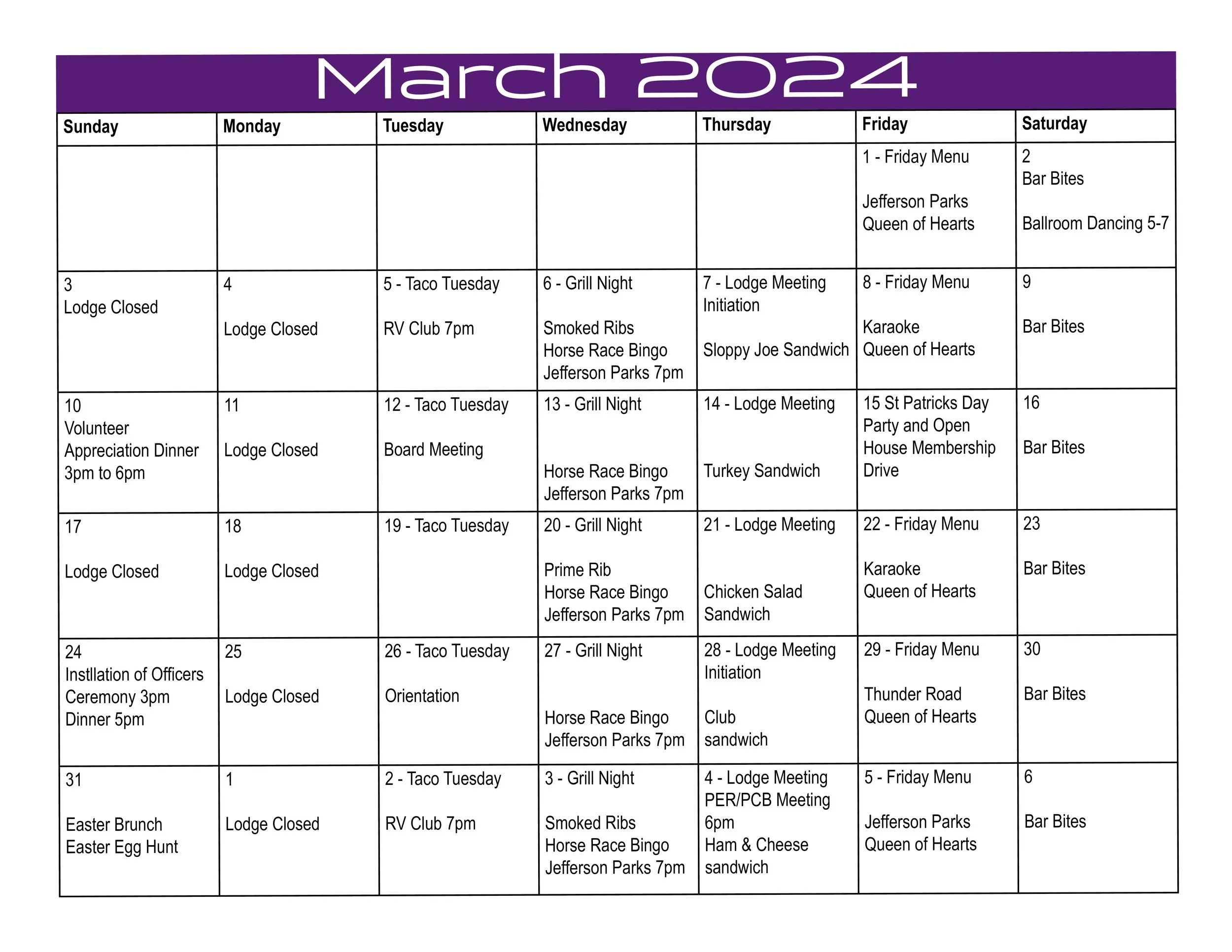 Calendar — Salem Elks Lodge #336