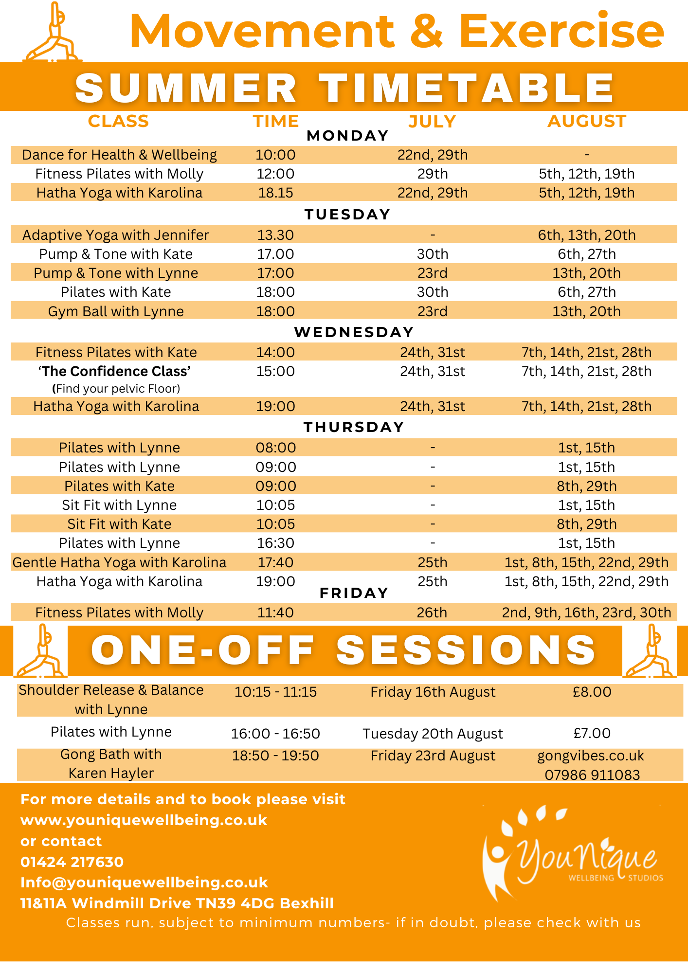 Summer 2024 Movement & Exercise Timetable — YouNique Wellbeing