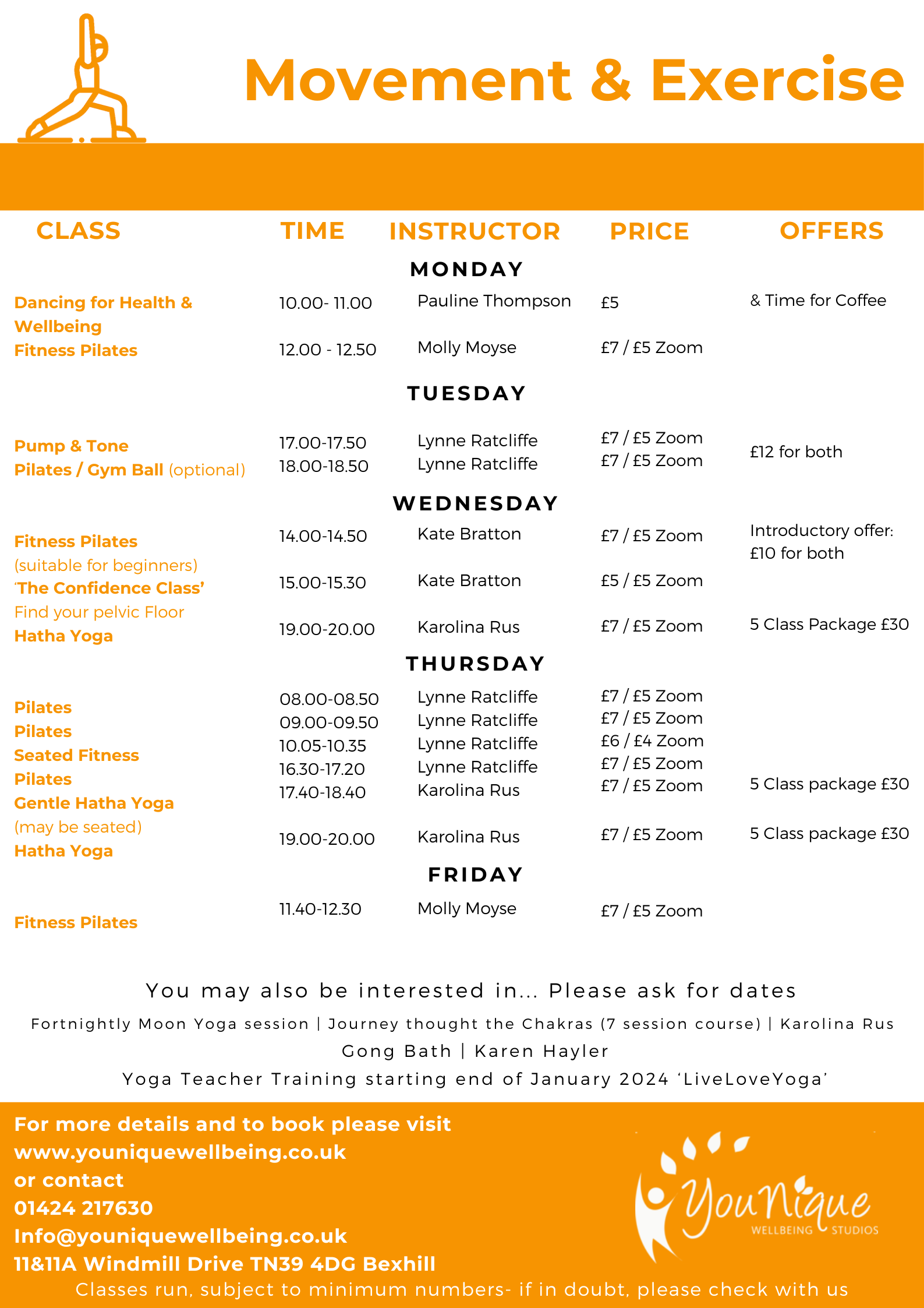 January / February 2024 Timetable — YouNique Wellbeing