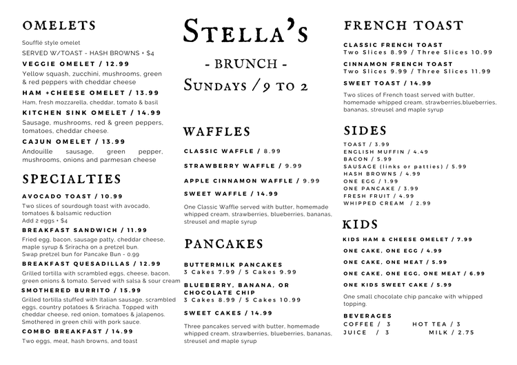 MENUS — Stella's Restaurant & Bar