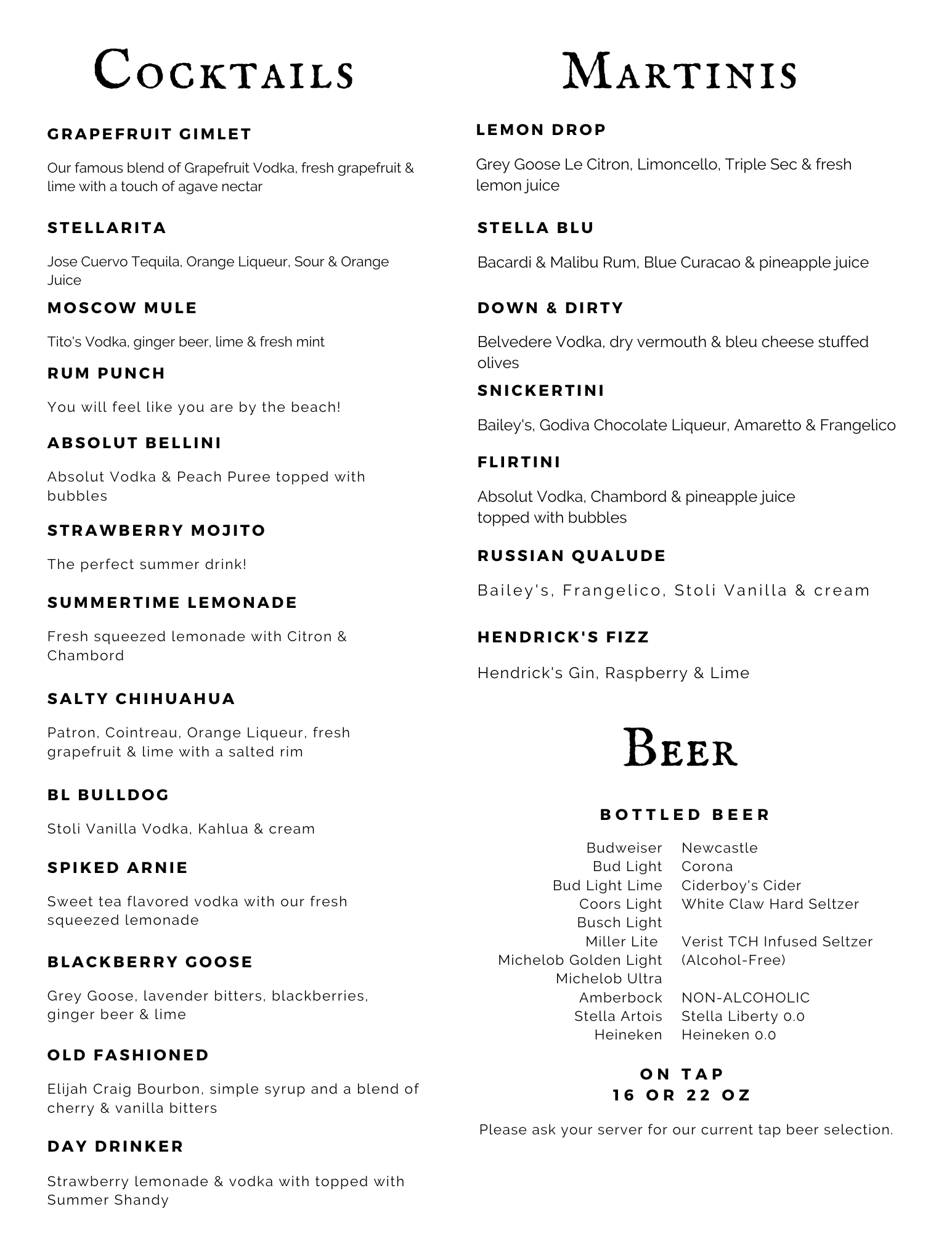 MENUS — Stella's Restaurant & Bar