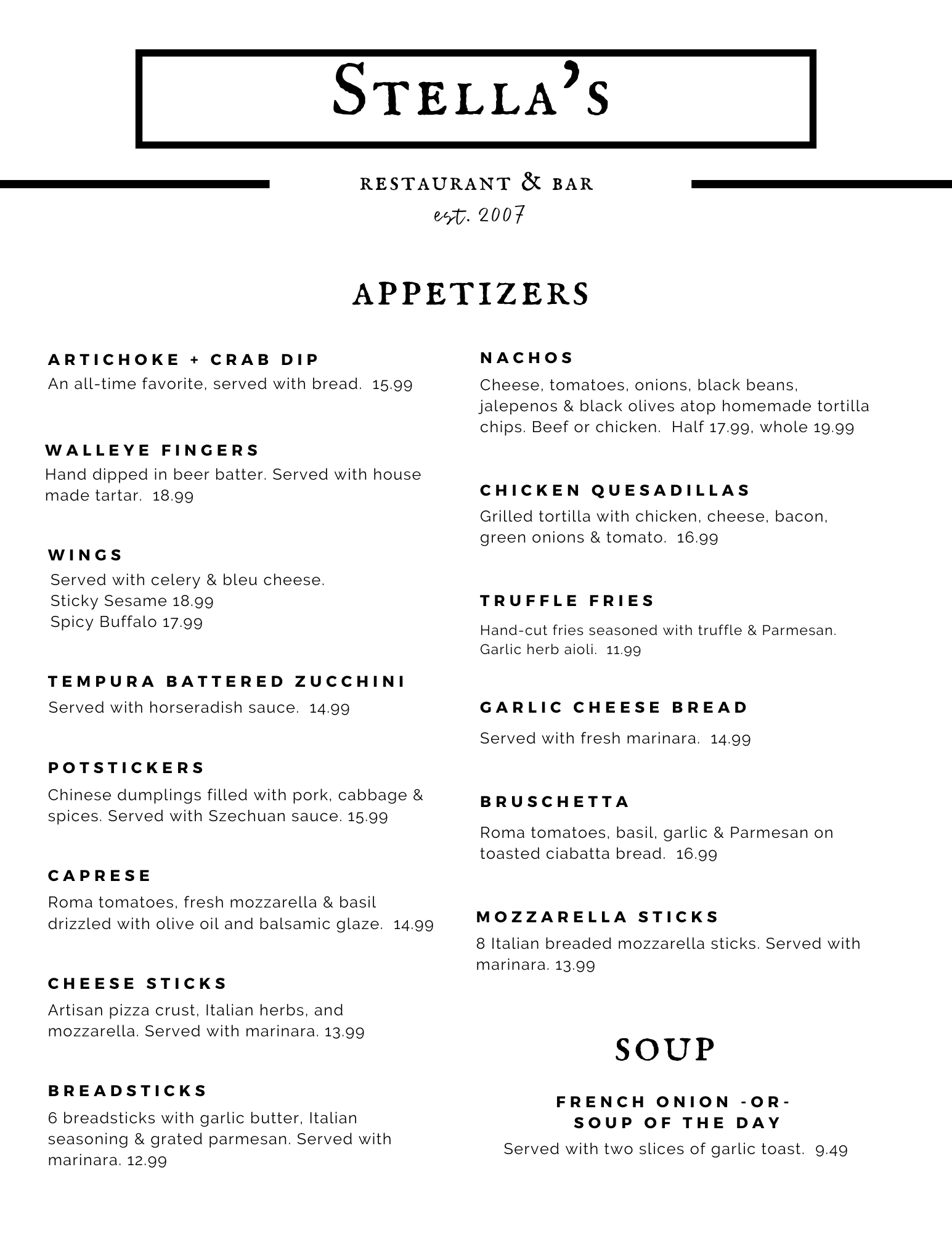 MENUS — Stella's Restaurant & Bar