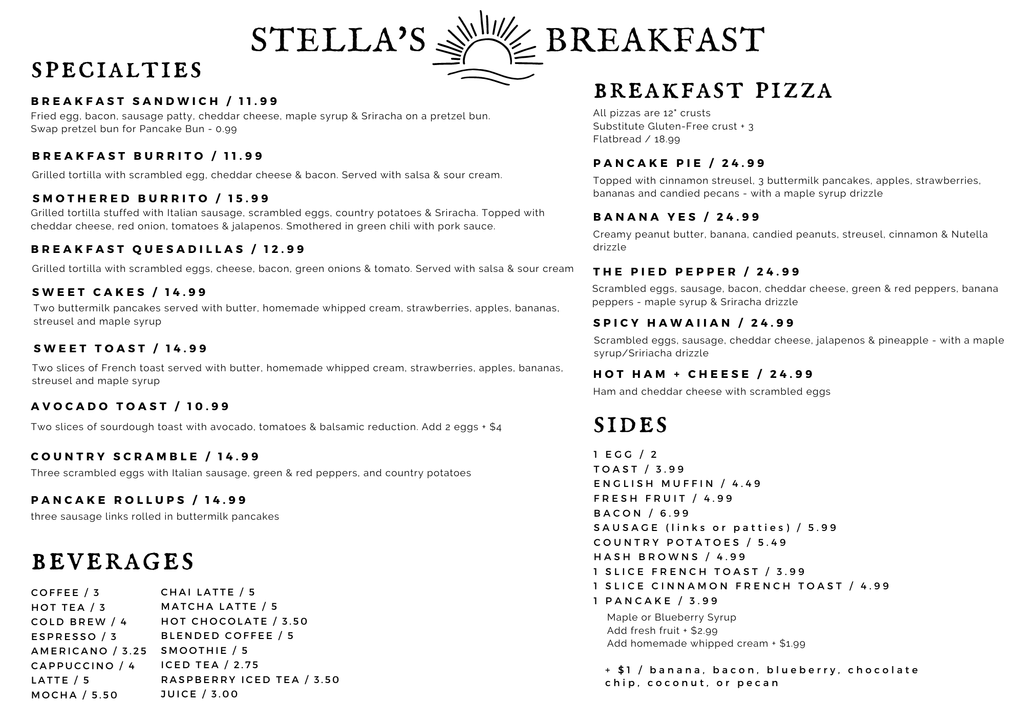 MENUS — Stella's Restaurant & Bar
