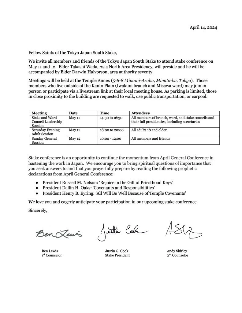 Stake Conference on May 11 - 12 — Tokyo South Stake