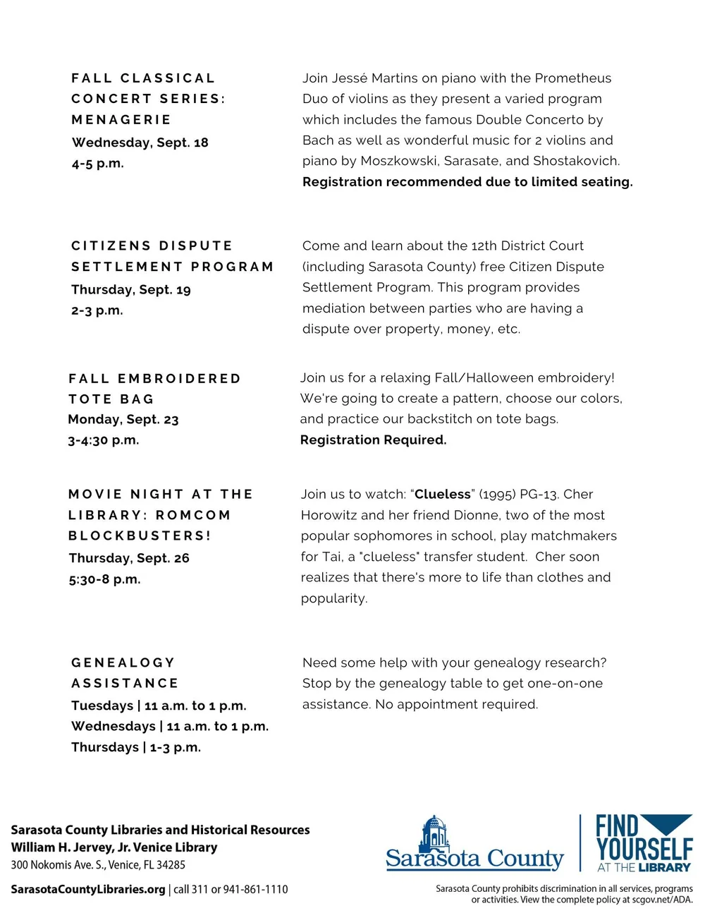 September Calendar of Events — Friends of the Venice Public Library