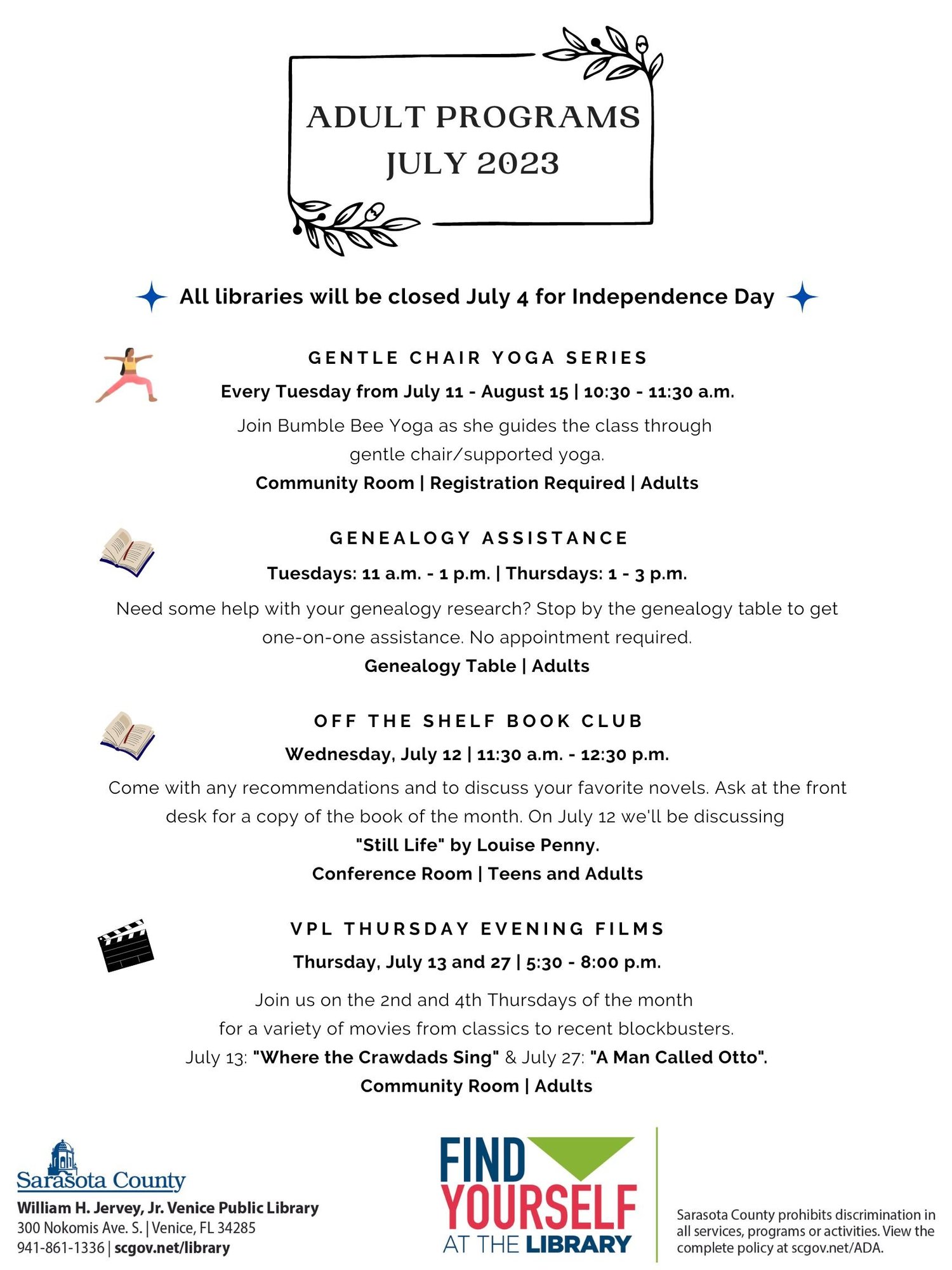 July Calendar of Events for Adults — Friends of the Venice Public Library