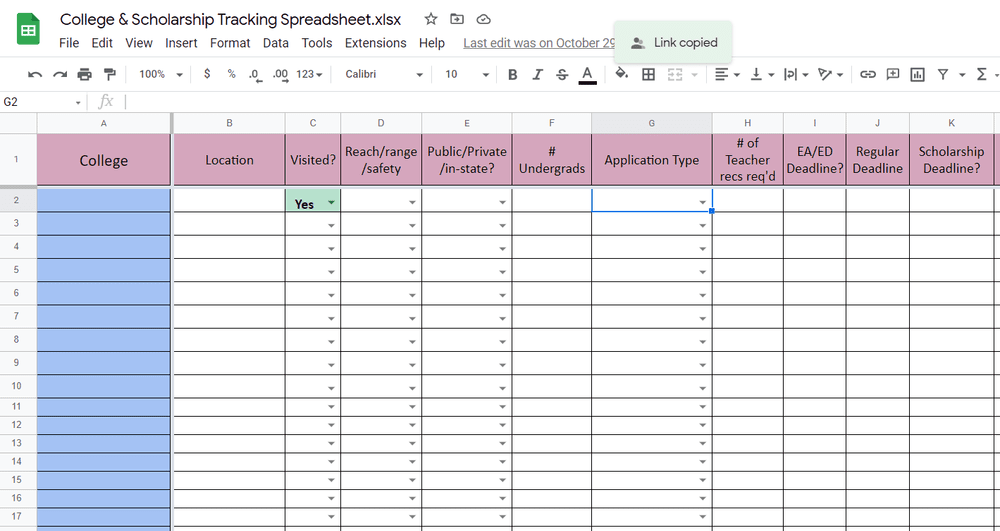 College & Scholarship Tracking Spreadsheet — Valerie Palmer