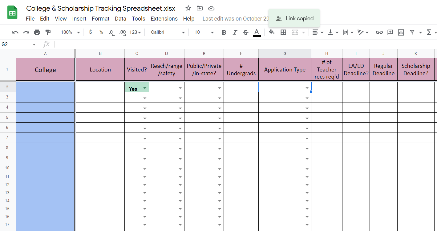 College & Scholarship Tracking Spreadsheet — Valerie Palmer