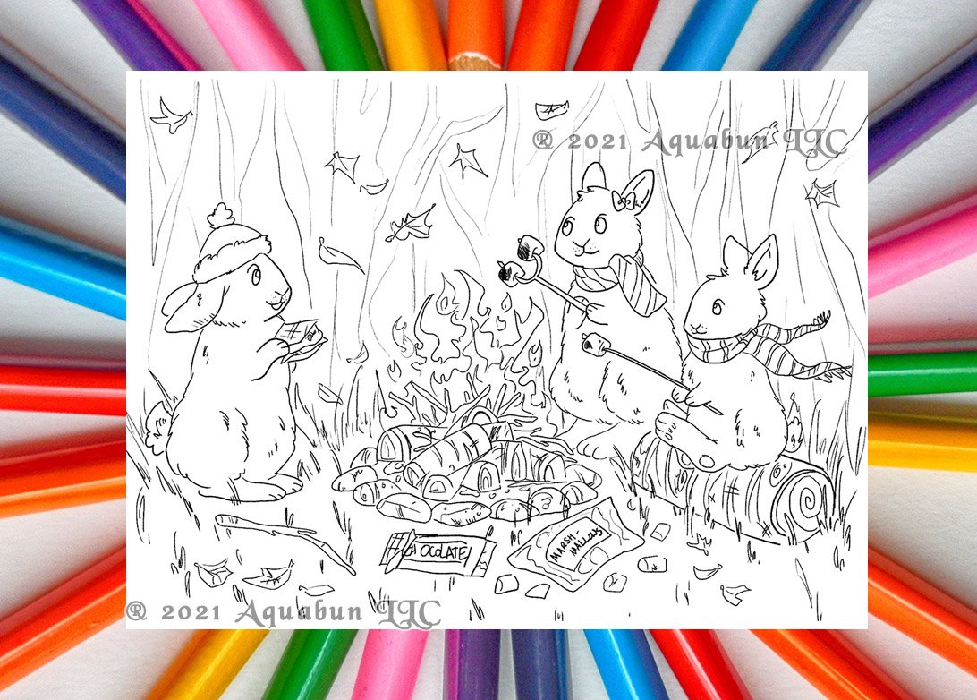Fireside Bunnies Coloring Page — Aquabun