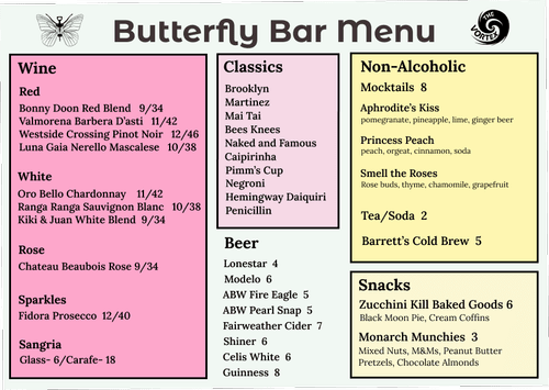 Menu — The Butterfly Bar