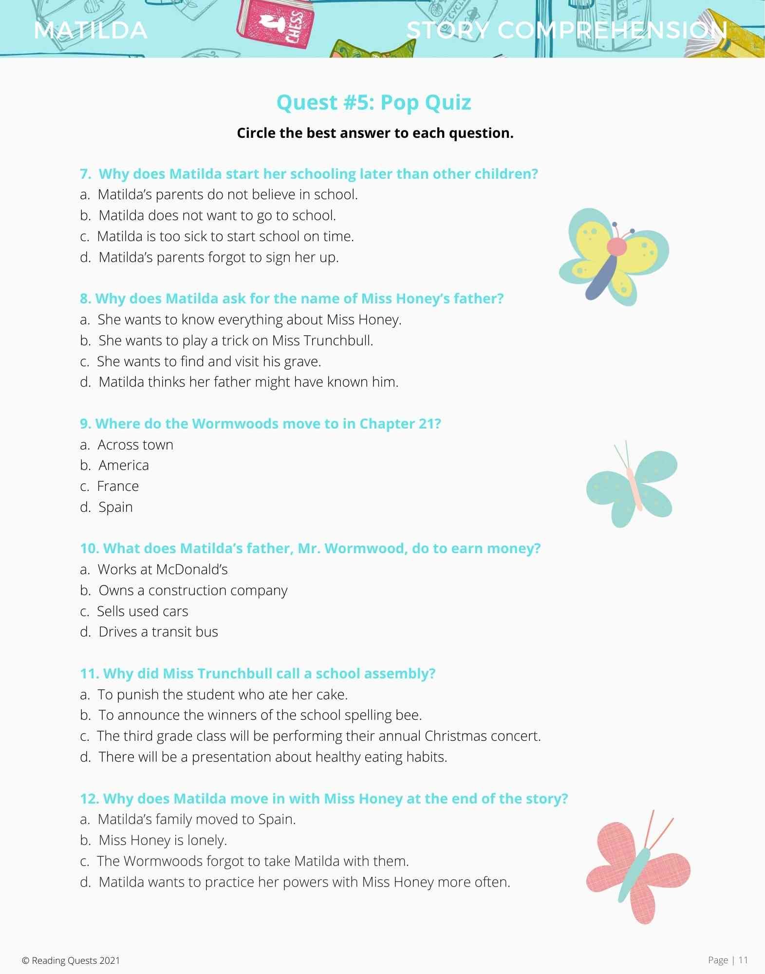 Matilda by Roald Dahl - Free Printables _ Reading Quests