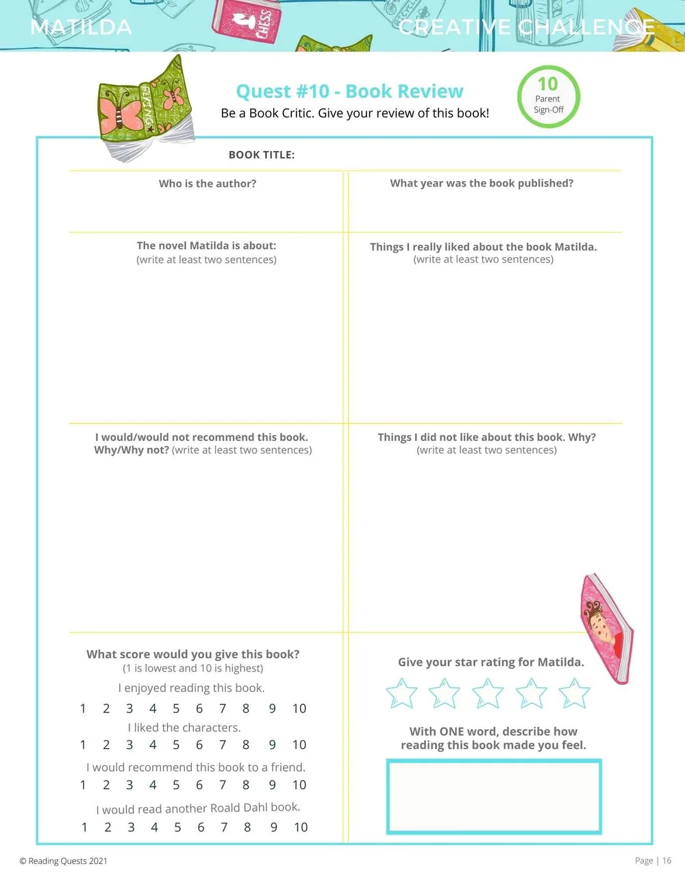 Matilda by Roald Dahl - Free Printables _ Reading Quests