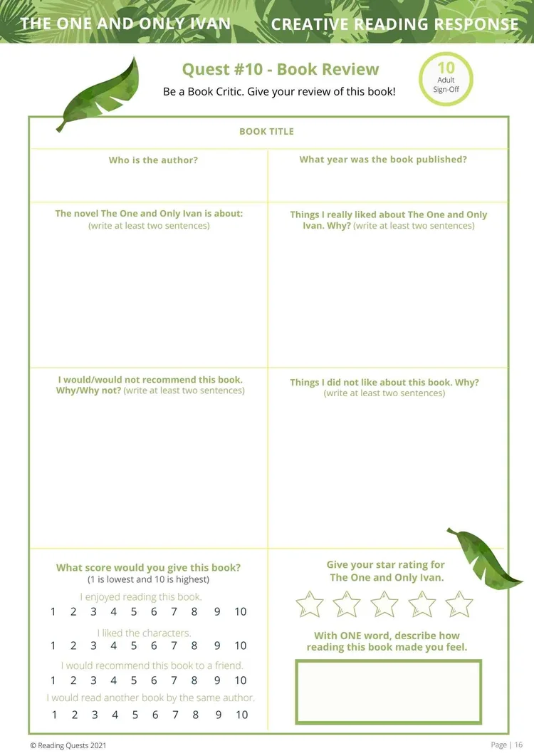 The One and Only Ivan - Free Printables _ Reading Quests