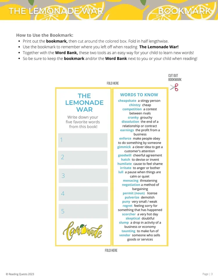 The Lemonade War - Free Printable Book Study _ Reading Quests
